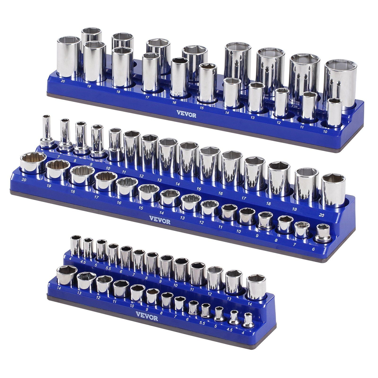 3-Piece Magnetic Socket Organizer Set - Blue Metric Socket Trays for ...