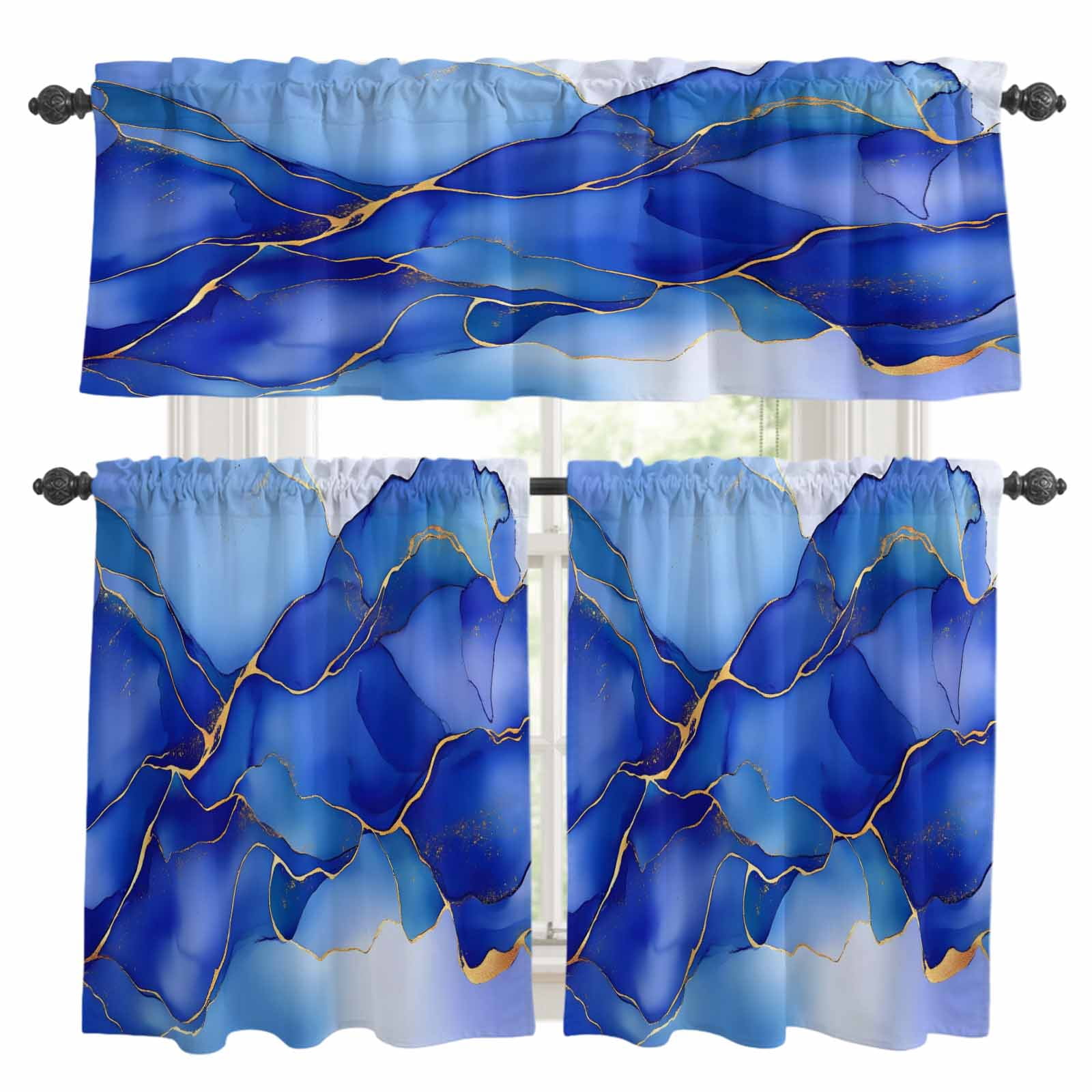 3 Piece Marble Blue Kitchen Curtain Valance and Tiers Set Liquid Gold ...