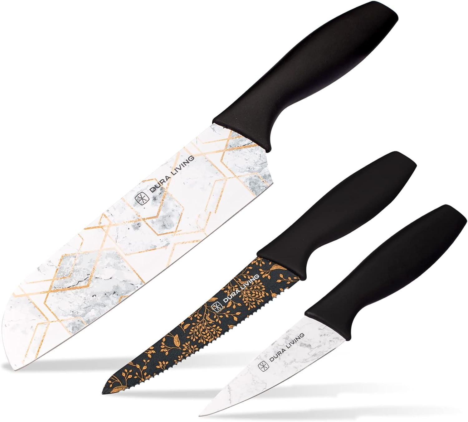 3-Piece Marble Kitchen Knife Set - Nonstick Stainless Steel Ultra Sharp ...