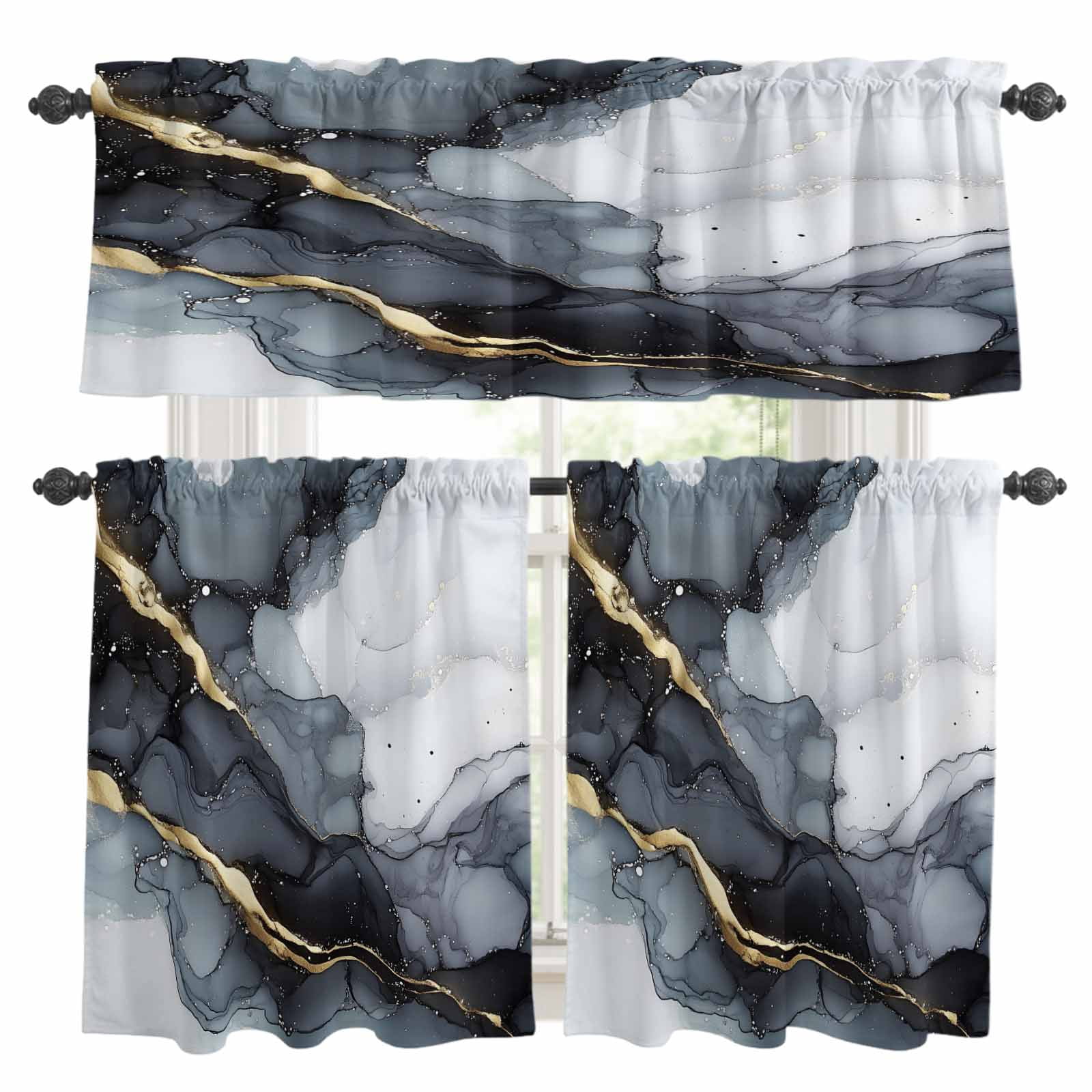 3 Piece Marble Texture Kitchen Curtain Valance and Tiers Set Gray ...