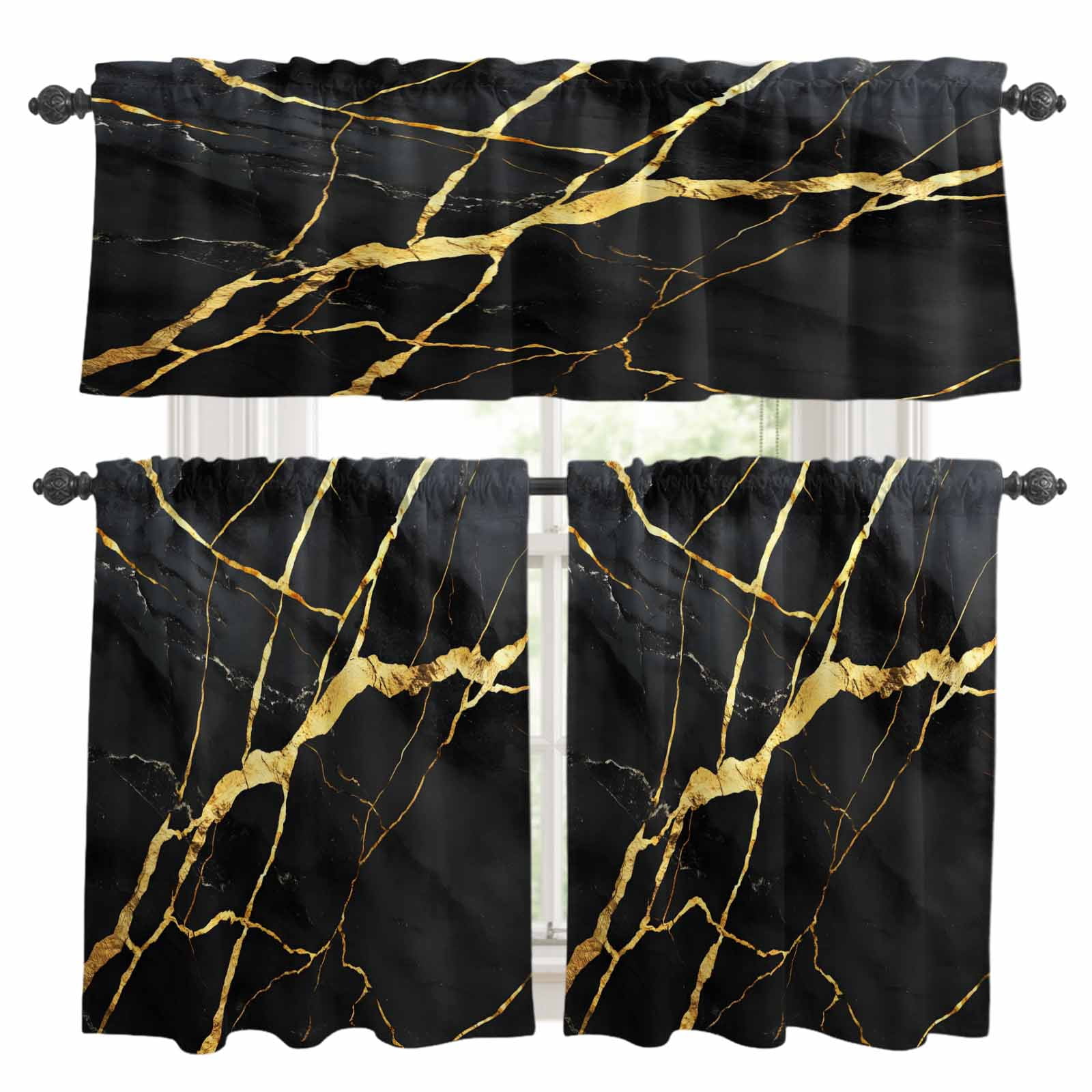 3 Piece Marble Texture Kitchen Curtain Valance and Tiers Set Modern ...