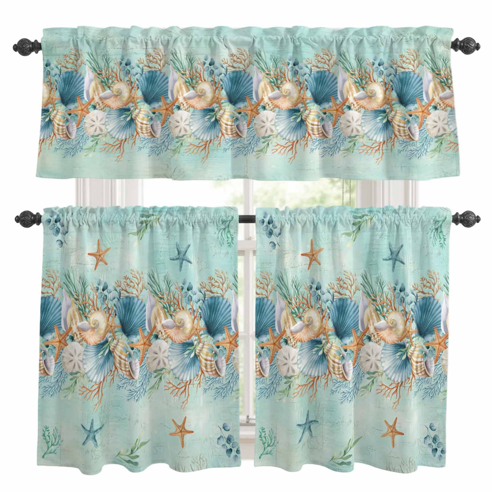 3 Piece Marine Life Kitchen Curtain Valance and Tiers Set Blue Shell ...