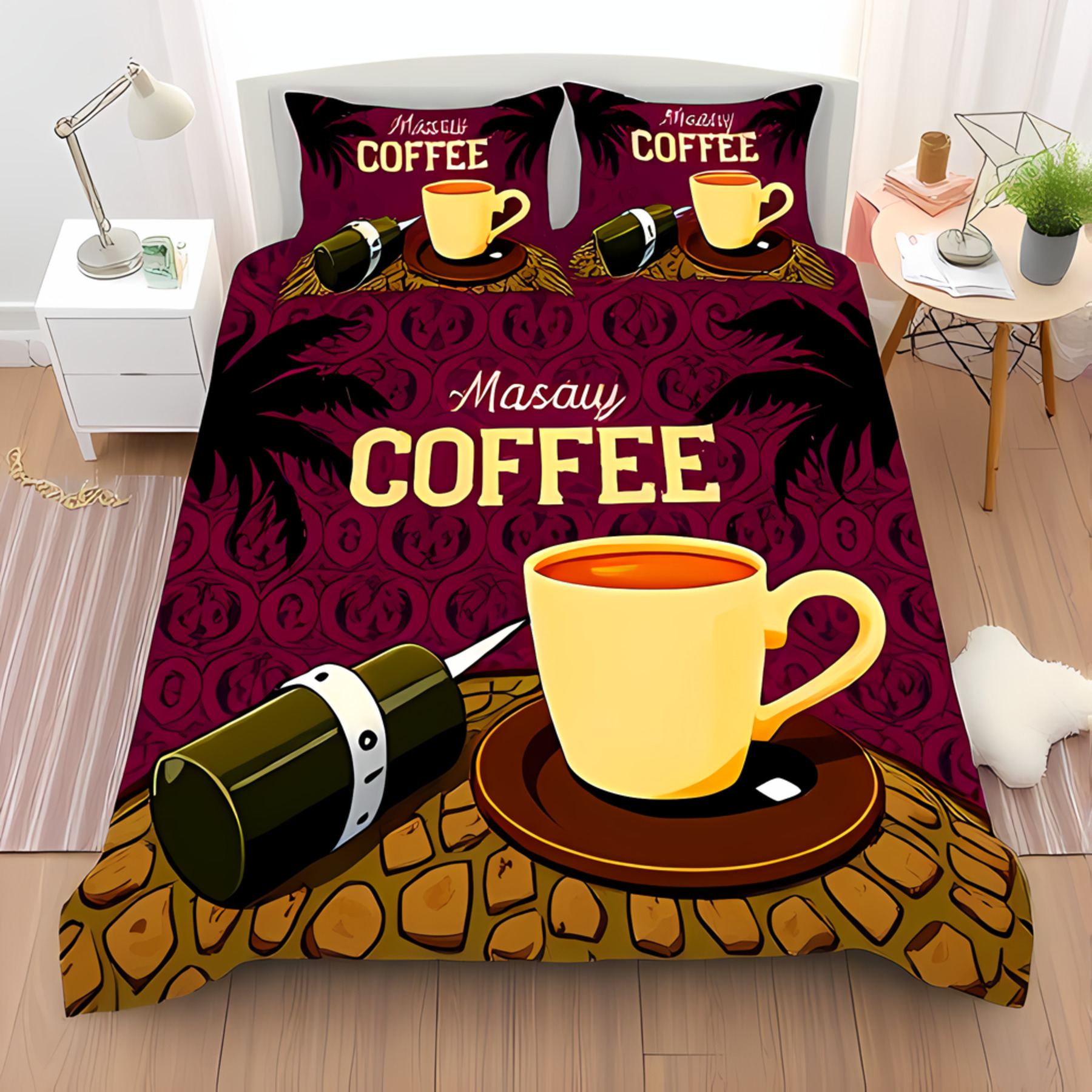3-Piece Maroon Coffee Themed Duvet Cover Set with Trees & Vintage ...