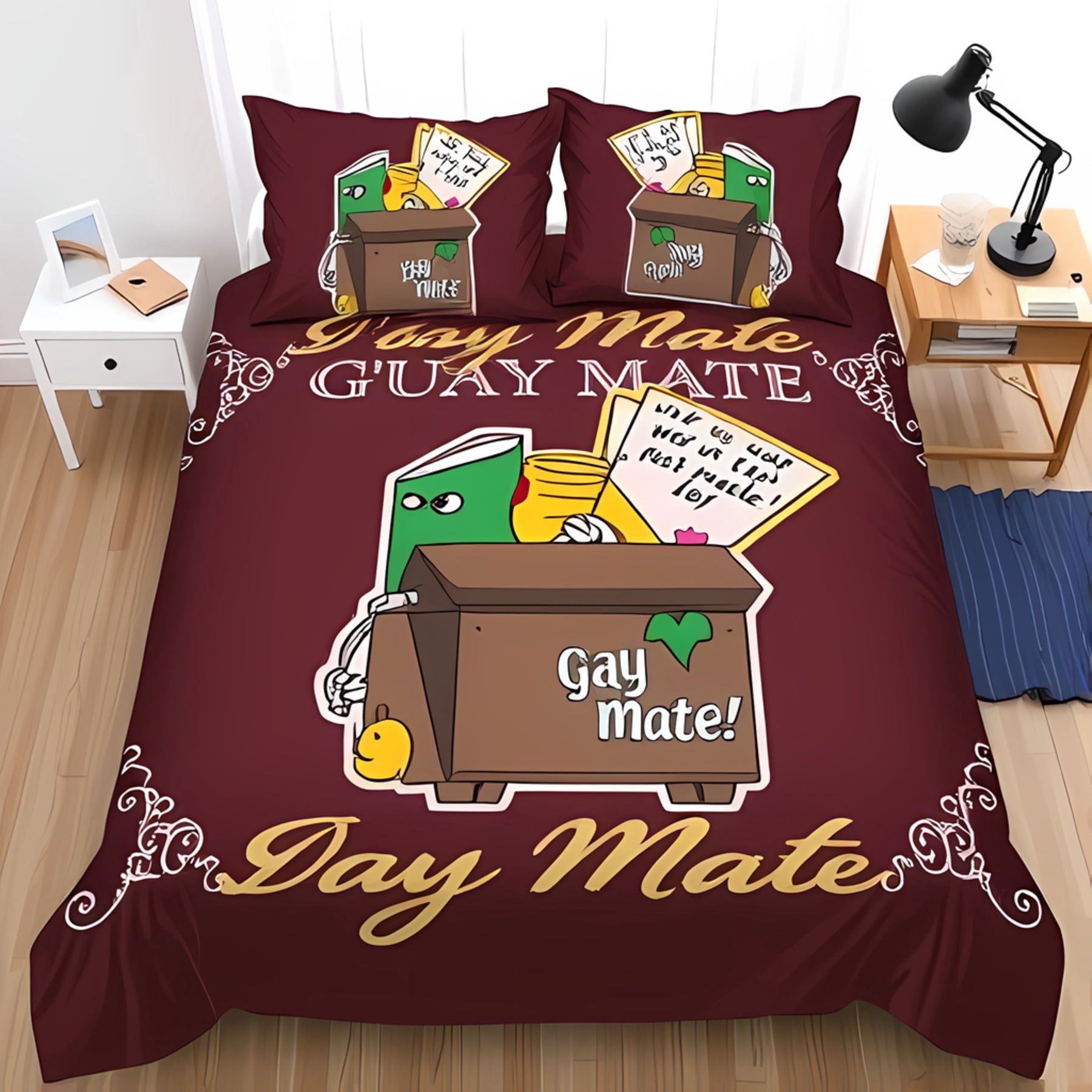 3-Piece Maroon Duvet Cover Set with Cartoon Green Book Character in ...