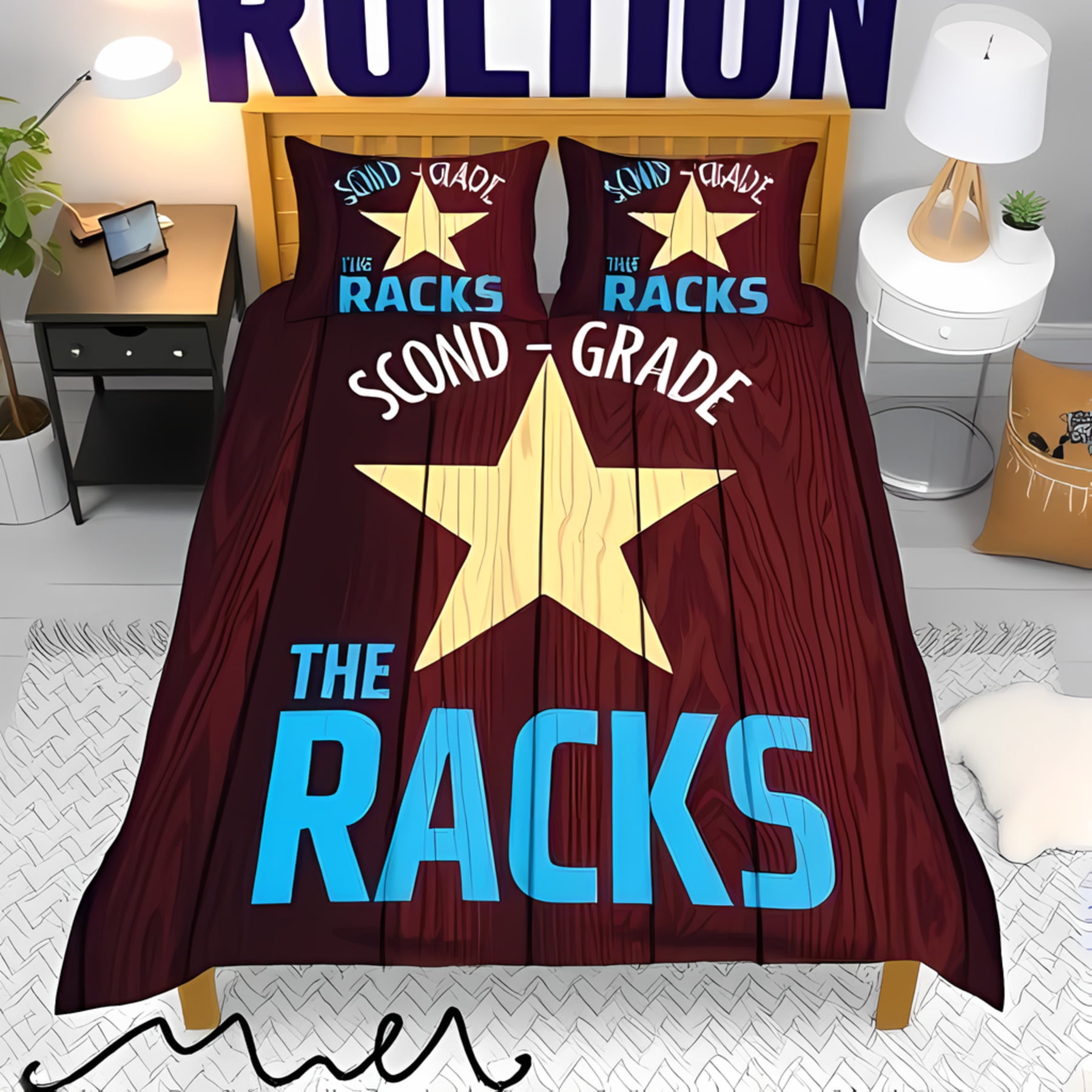 3-Piece Maroon Duvet Cover Set with Large Yellow Star & Bold Blue 'The ...