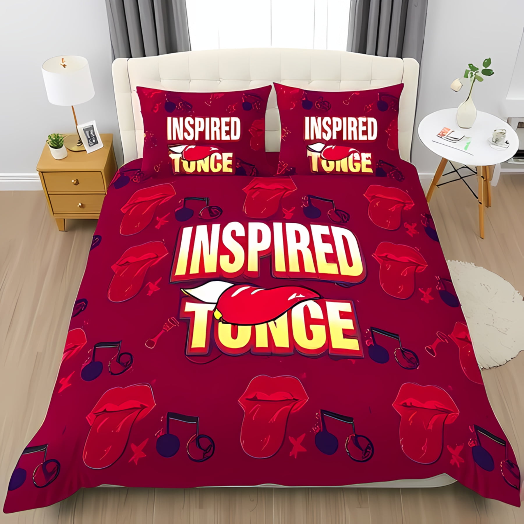 3-Piece Maroon Duvet Cover Set with Playful 'INSPIRED TONGE' Design ...