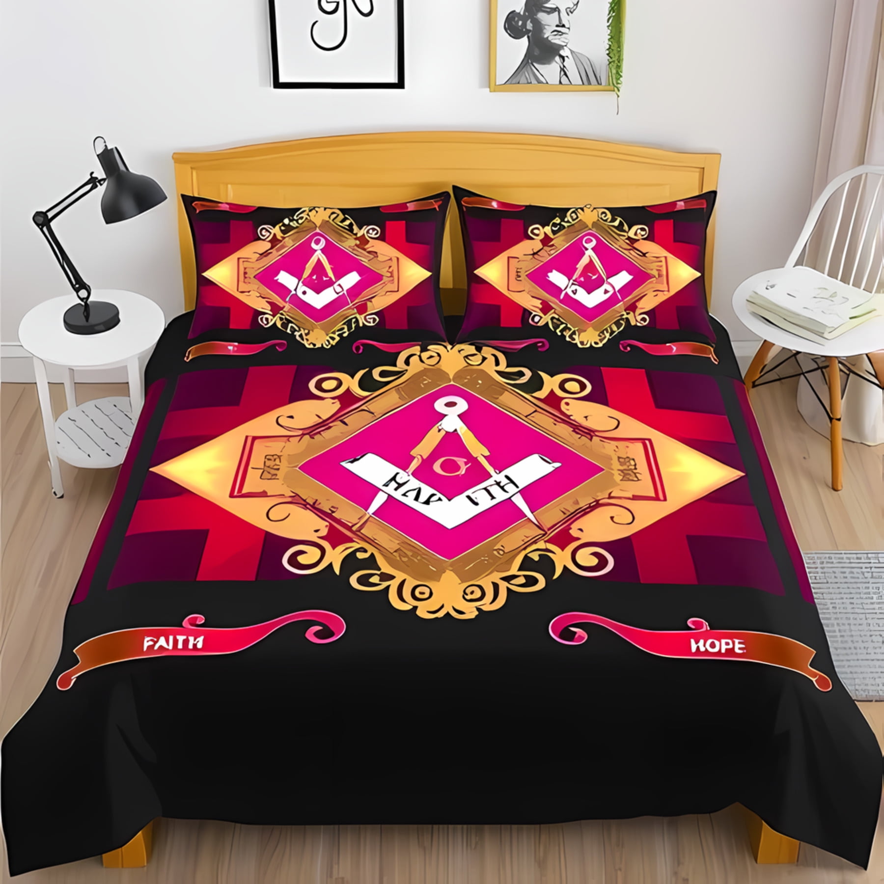 3-Piece Masonic Symbol Duvet Cover Set - Vibrant Red Gold & Black ...