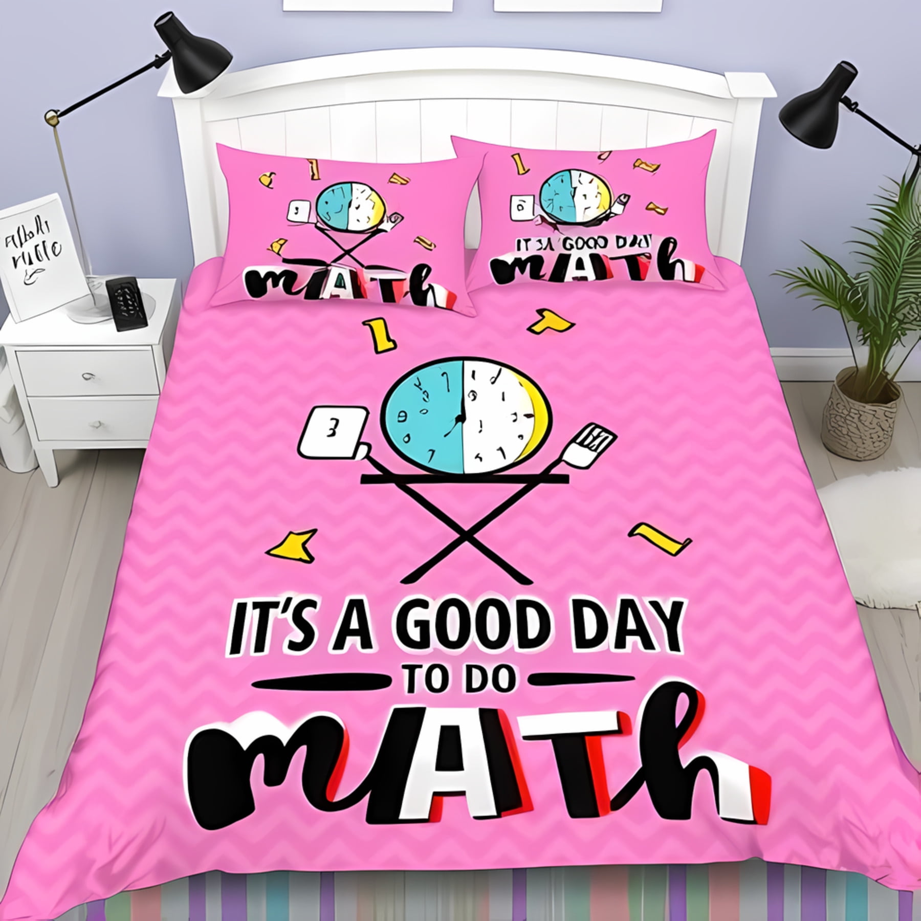 3-Piece Math Themed Duvet Cover Set - Cheerful Pink Background with ...
