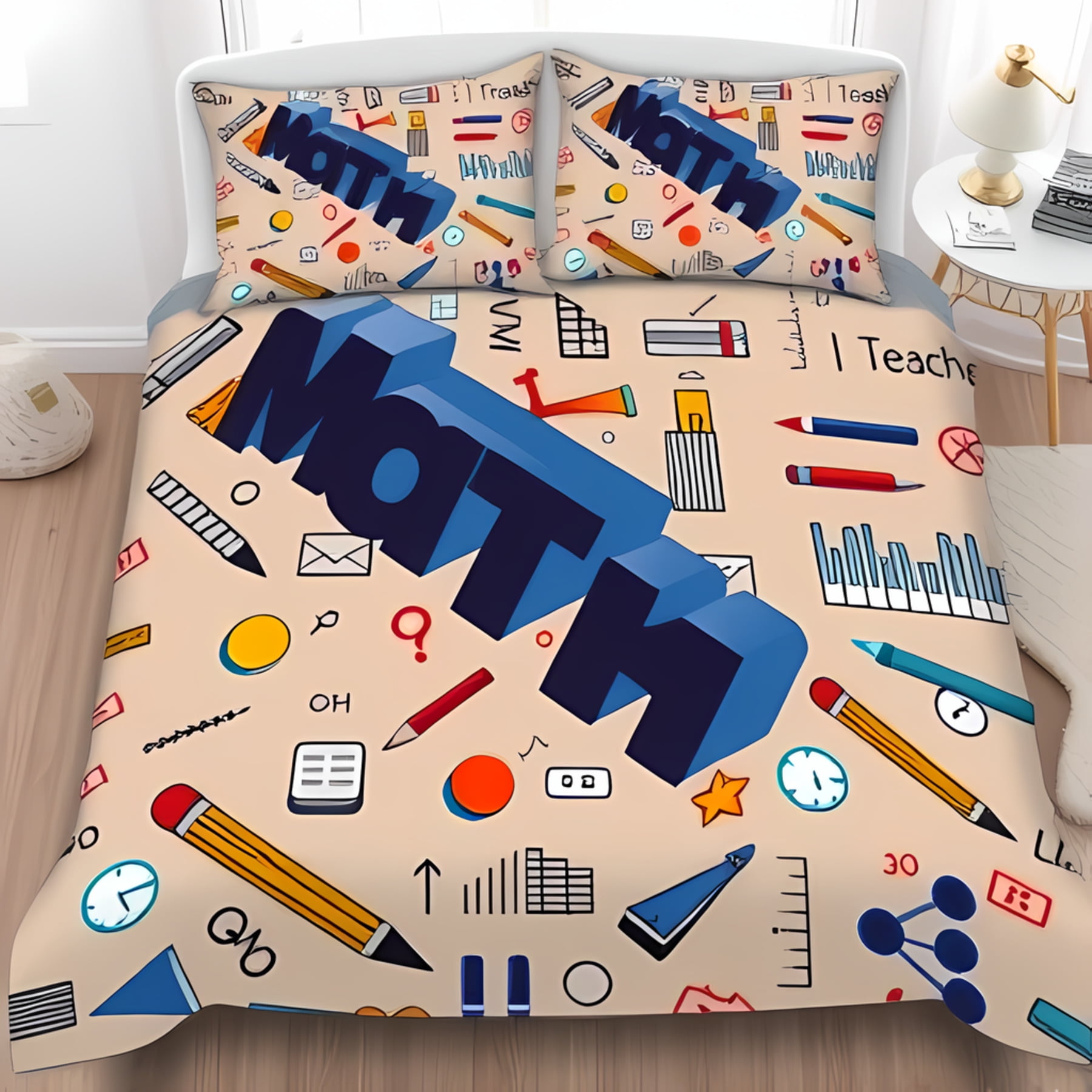 3-Piece Math Themed Duvet Cover Set - Light Beige with Bold Blue 'MATH ...