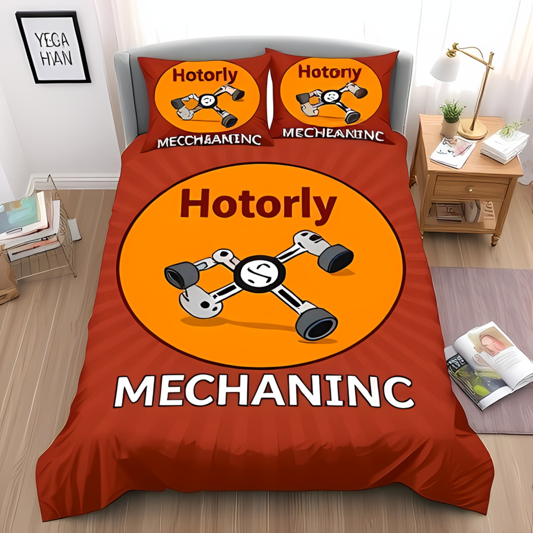 3-Piece Mechanics Themed Duvet Cover Set Fun Red Design with Cartoon ...