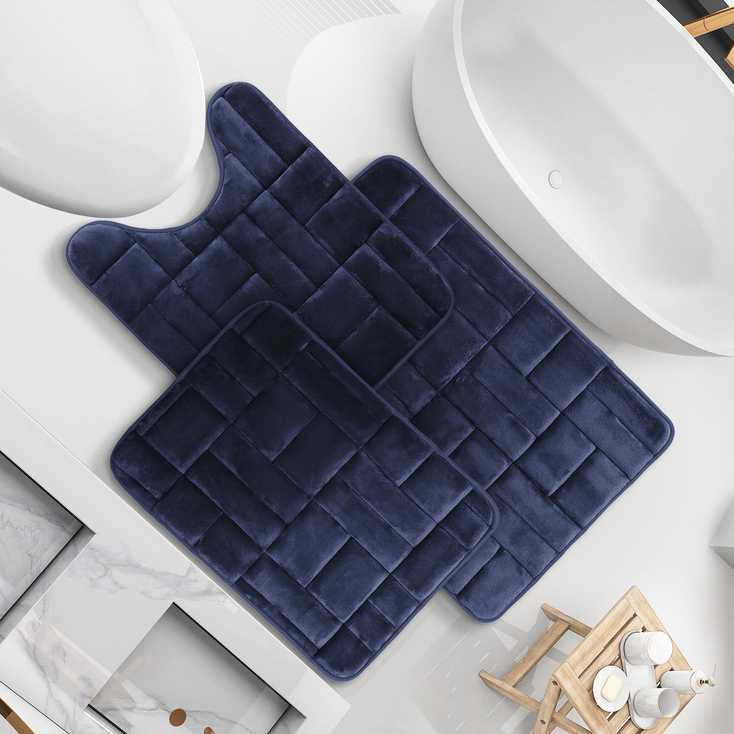 3-Piece Memory Foam Bath Mat Set - Non-Slip Absorbent Velvet Bathroom ...