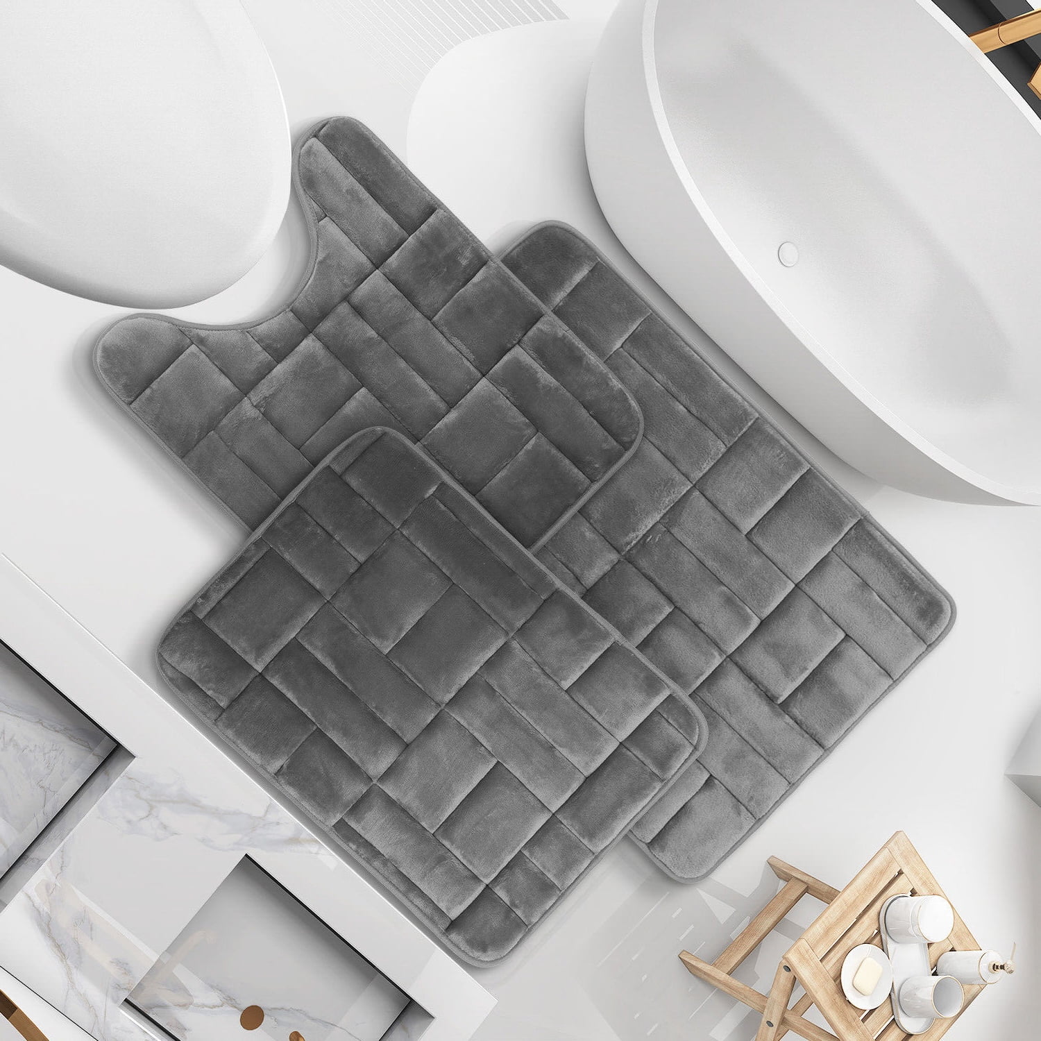 3-Piece Memory Foam Bath Mat Set - Non-Slip Absorbent Velvet Bathroom ...