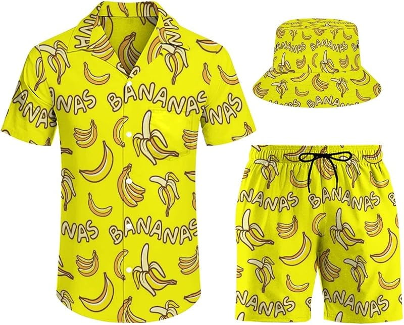 3 Piece Men's Hawaiian Bananas Shirt Aloha Tropical Shirt Suit Beach ...