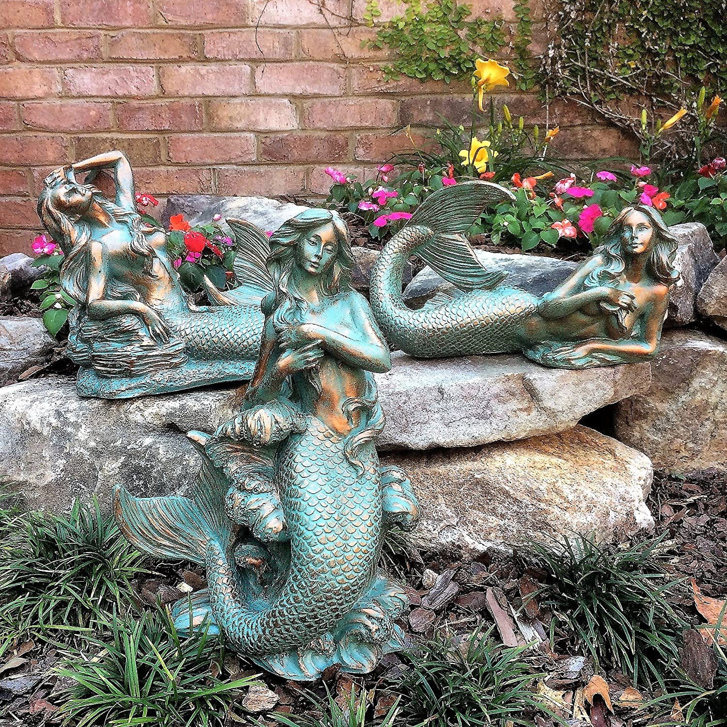 3 Piece Mermaid Table Top Bronze Patina Beach and Pool Statues ...