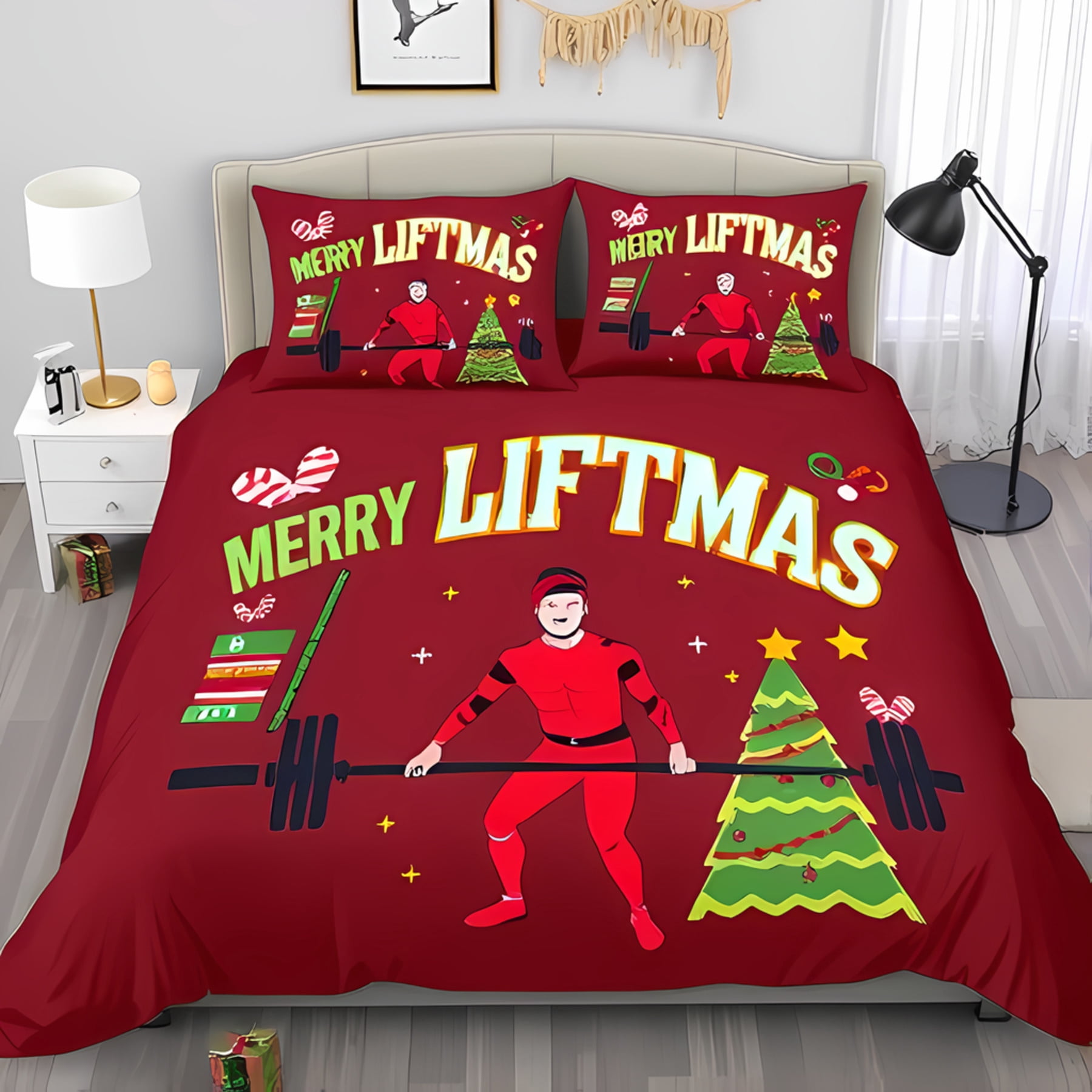 3-Piece Merry Liftmas Duvet Cover Set - Festive Weightlifter Design ...