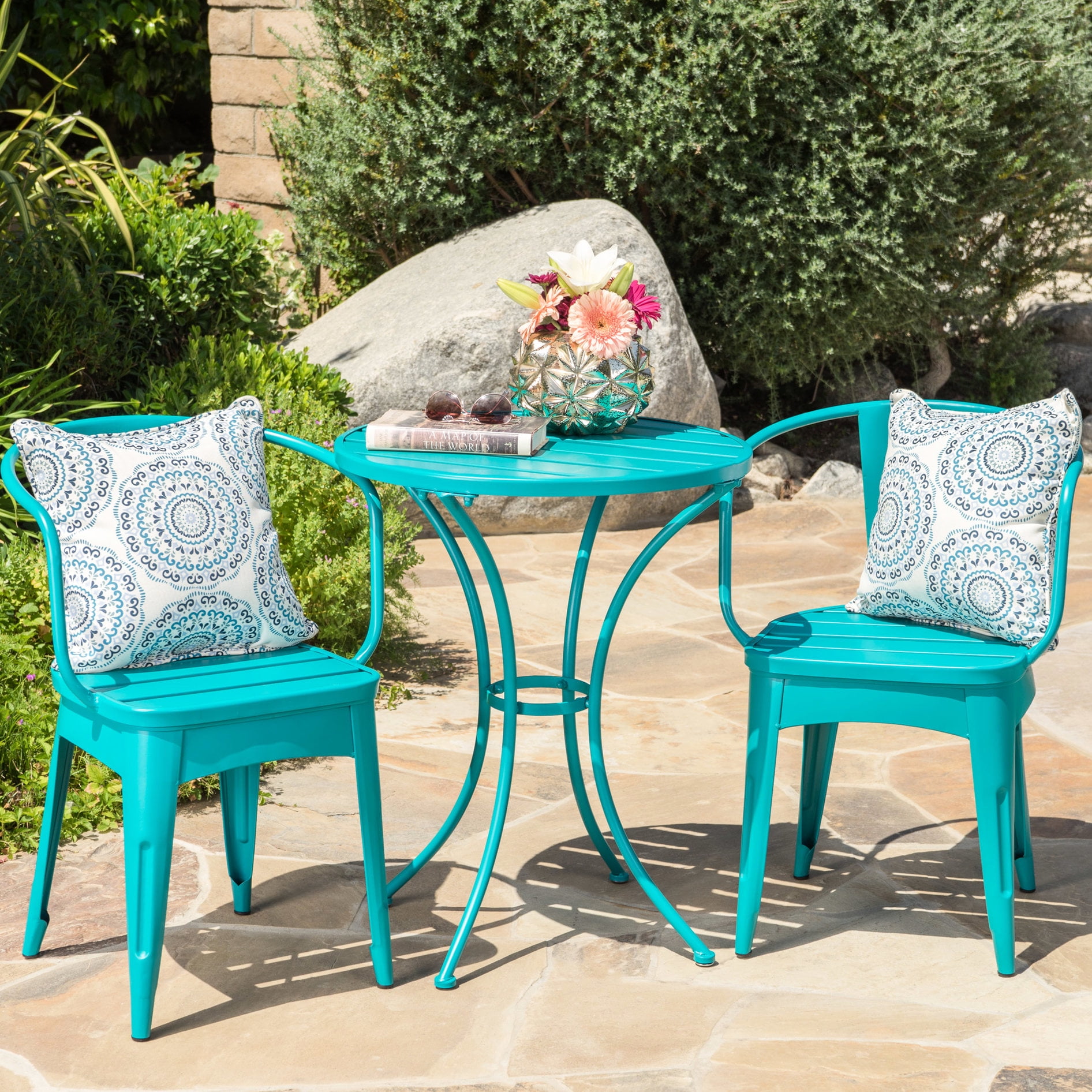 3-Piece Metal Bistro Set | Teal Color, Water-Resistant Design - Walmart.com