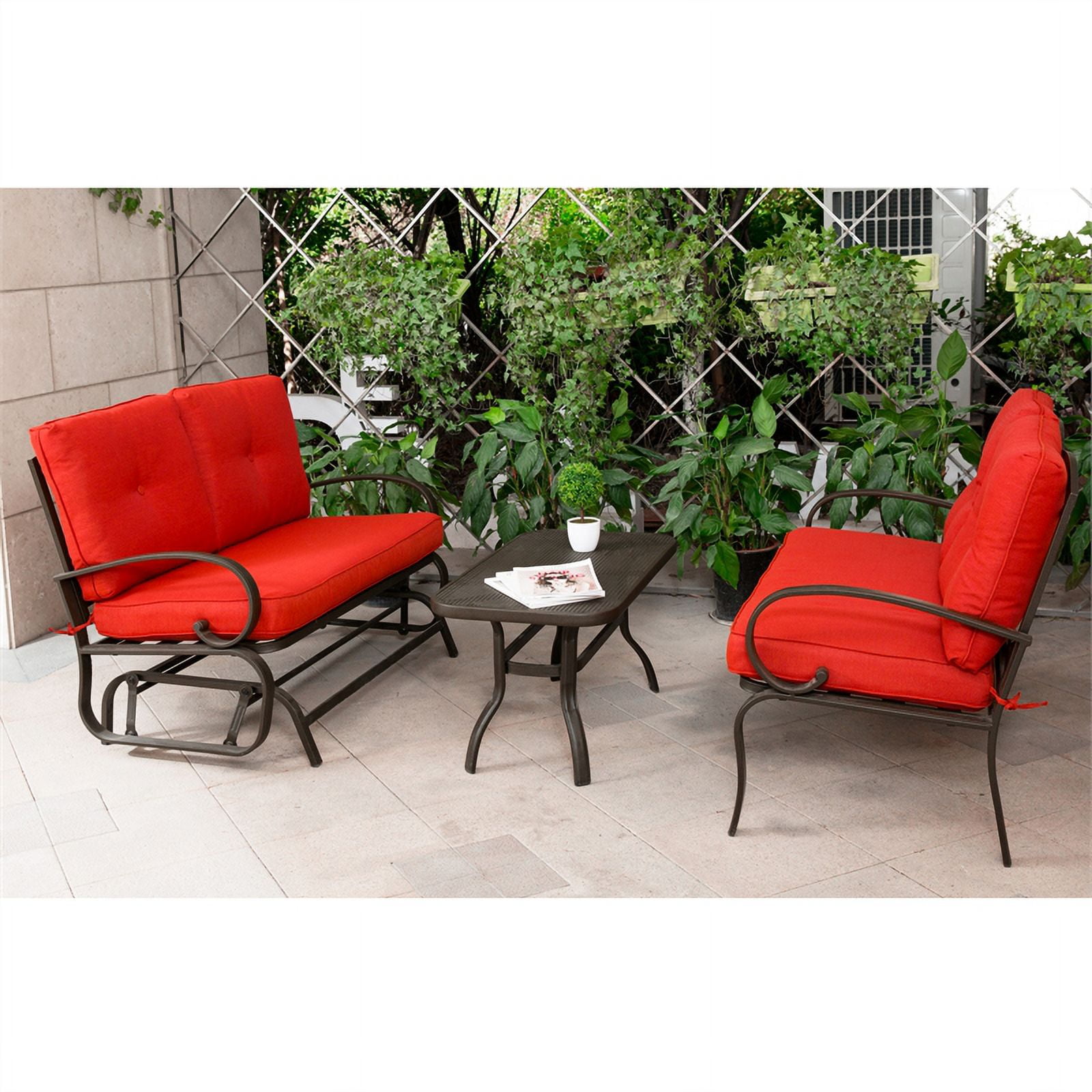 3 Piece Metal Conversation Set Wrought Iron Furniture Set Brick Red ...