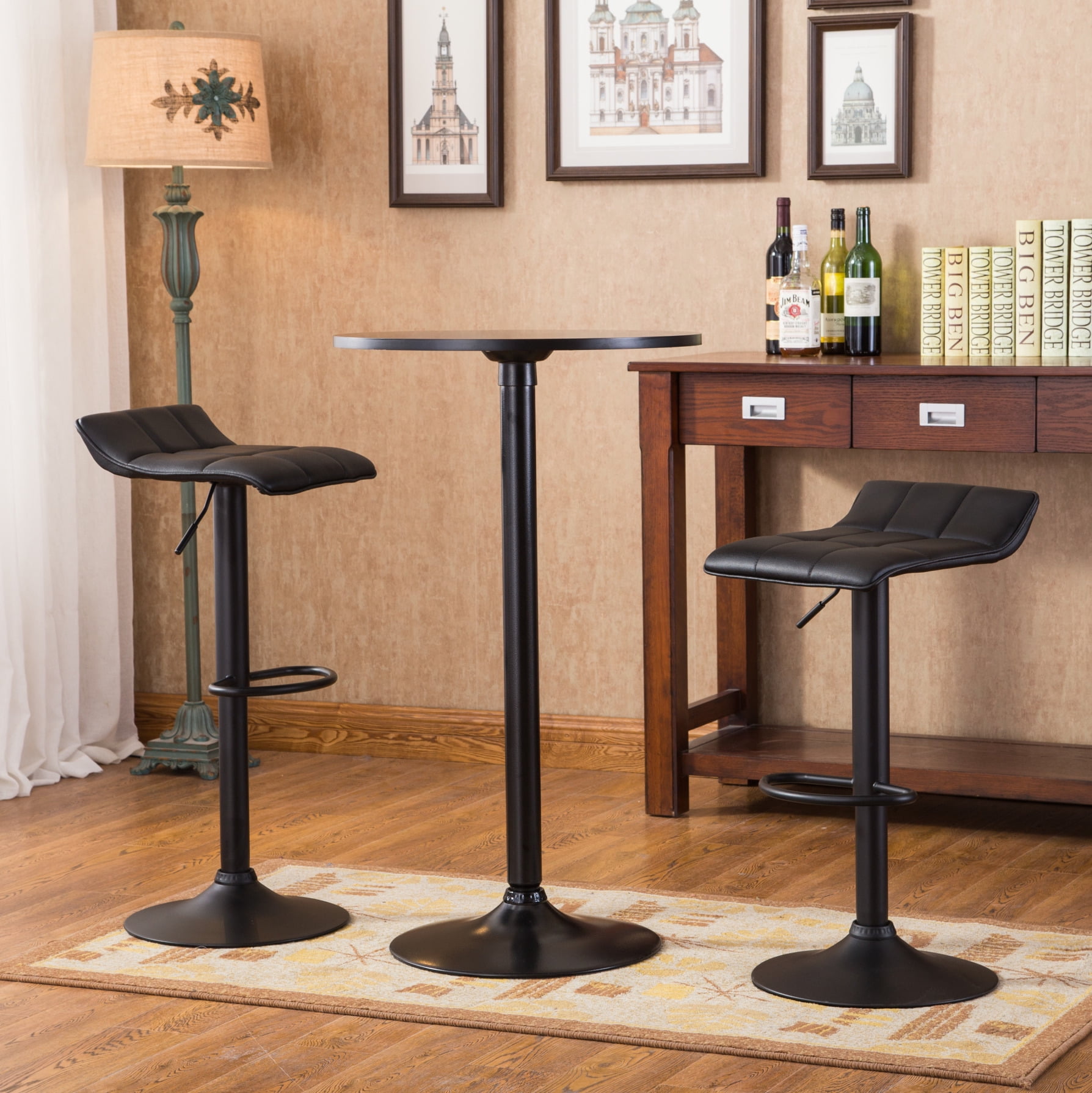 3-Piece Metal Frame Bar Table Set, Round Cocktail Table and Leather ...