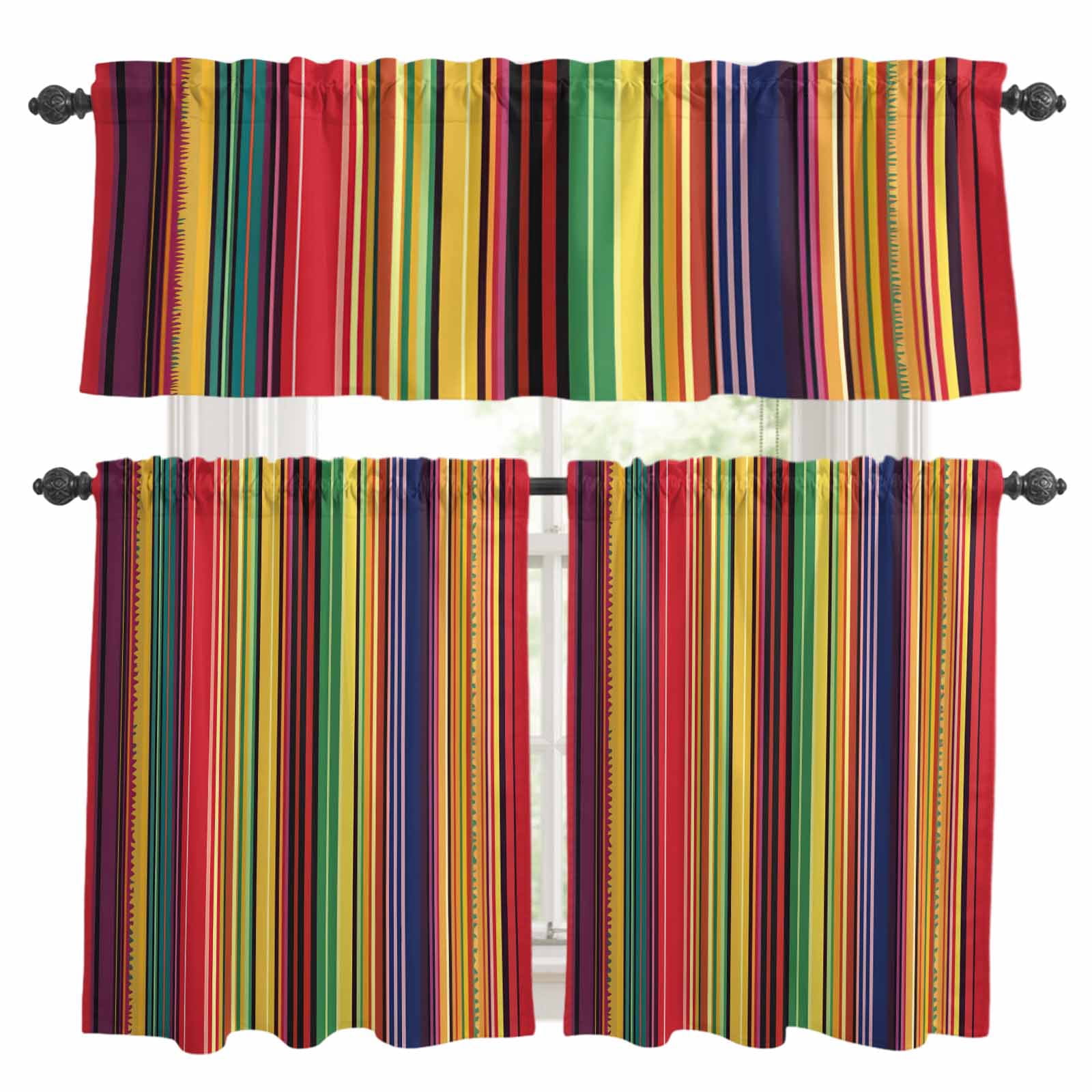 3 Piece Mexican Stripes Kitchen Curtain Valance and Tiers Set Rainbow ...