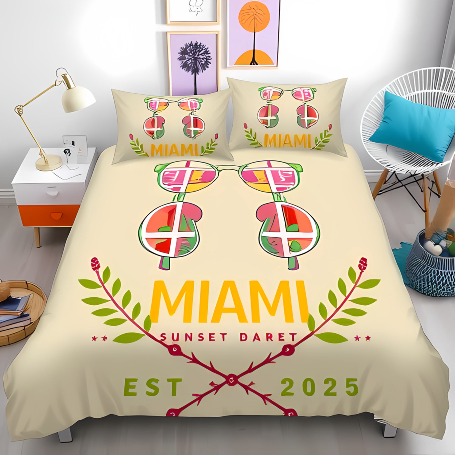 3-Piece Miami Duvet Cover Set with Vibrant Yellow Text & Colorful ...
