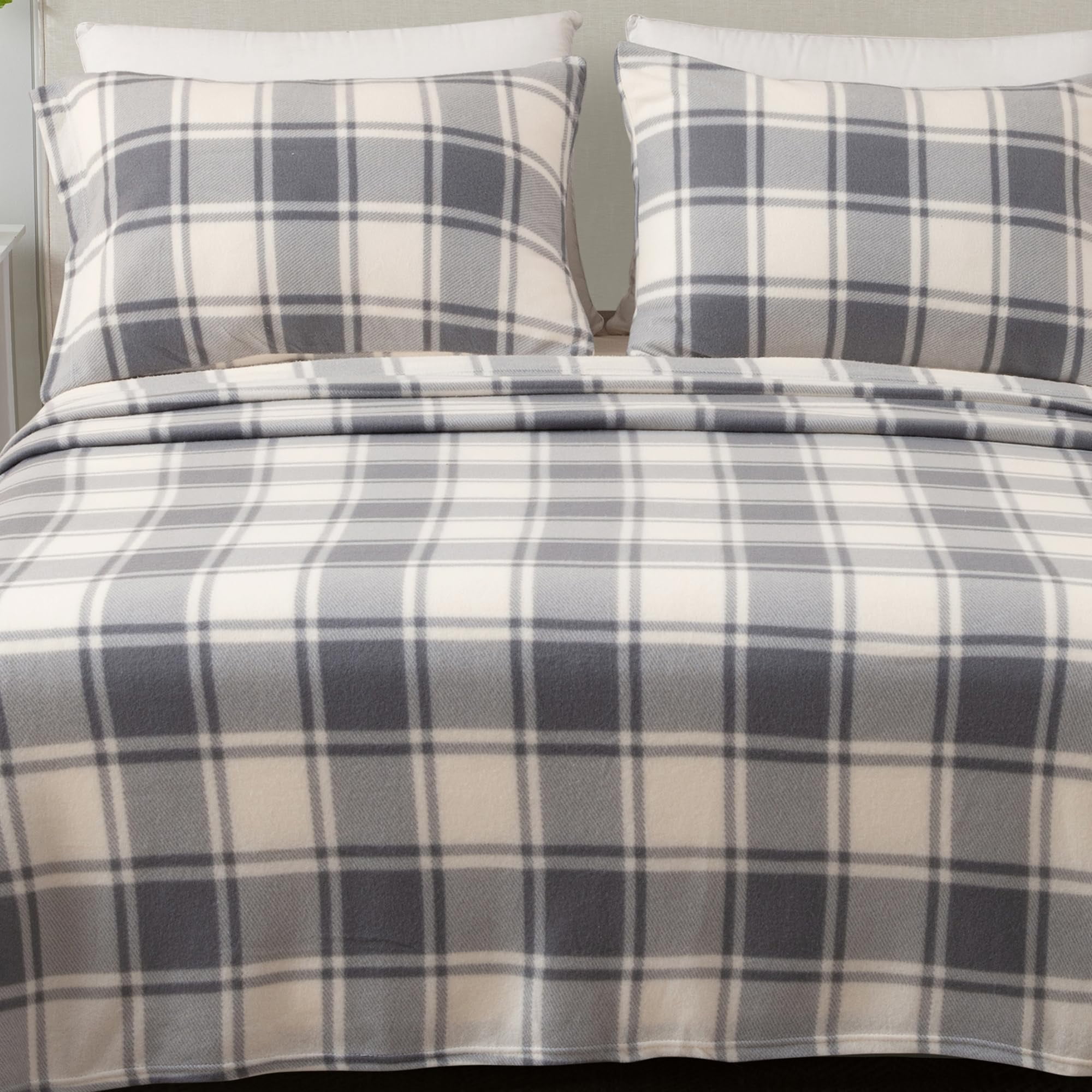 3 Piece Micro Fleece Twin Grey Plaid Sheet Set | Super Soft, Cozy Extra ...