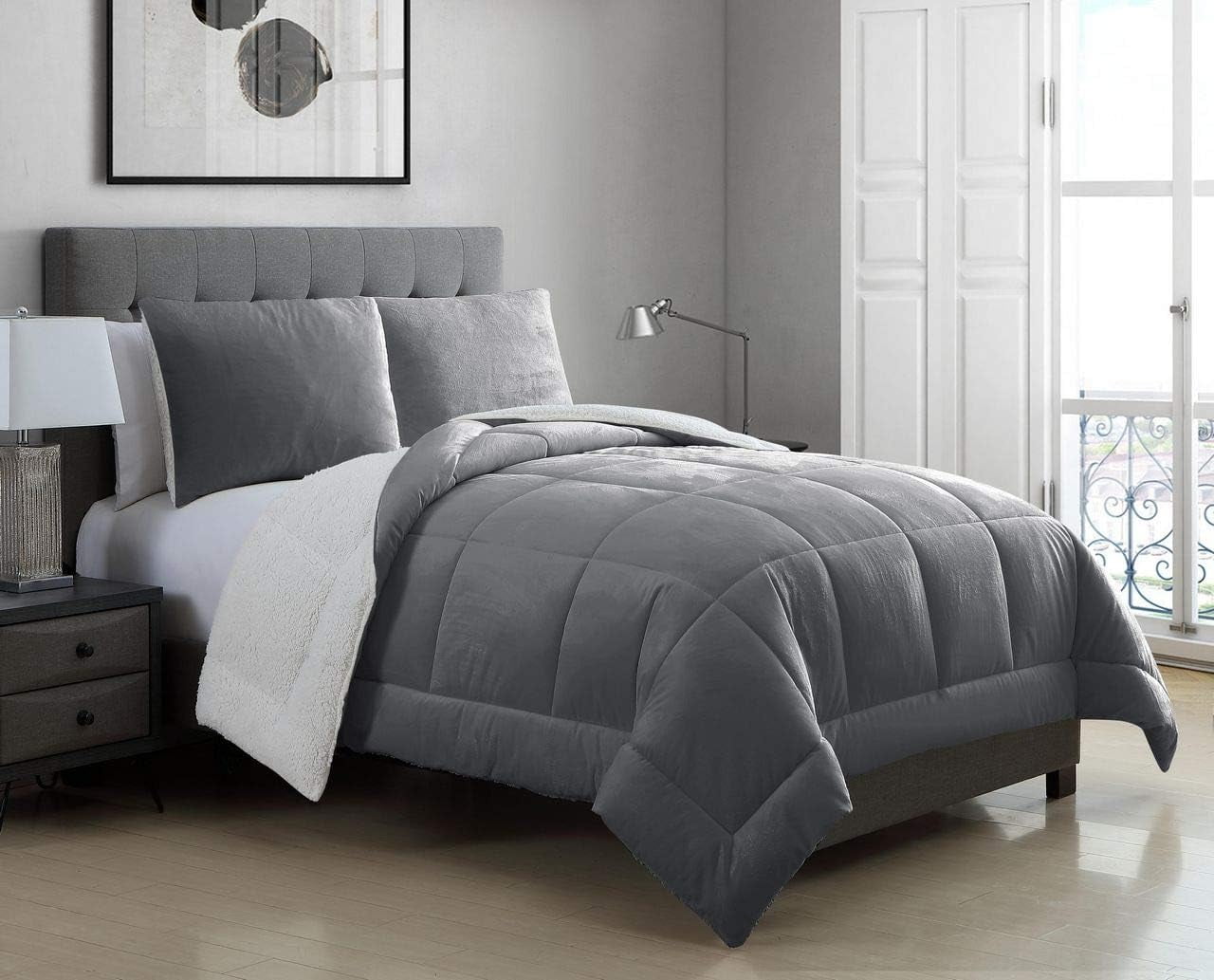 3 Piece Micromink Silky Smooth Plush Oversized Gray Comforter Set King ...