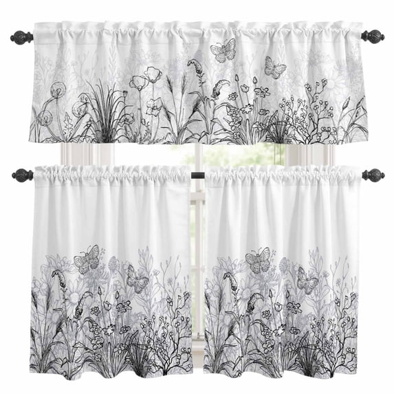 3 Piece Minimalism Flower Kitchen Curtain Valance and Tiers Set Line ...