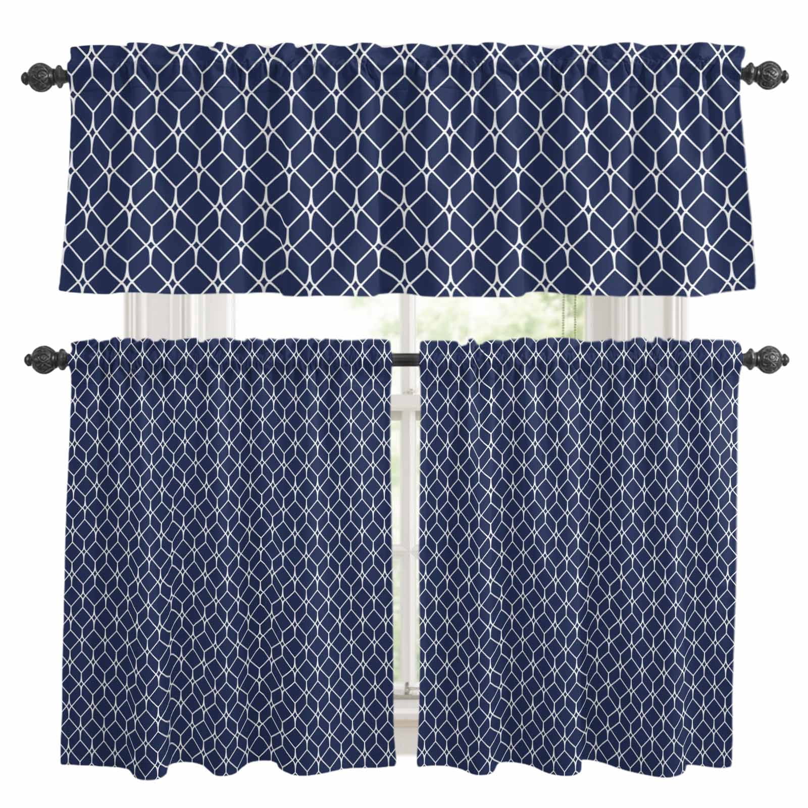 3 Piece Modern Geometric Kitchen Curtain Valance and Tiers Set Blue ...