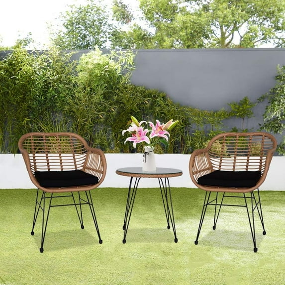3-Piece Modern Patio Bistro Set, Wicker Armchairs & Glass Top Side ...