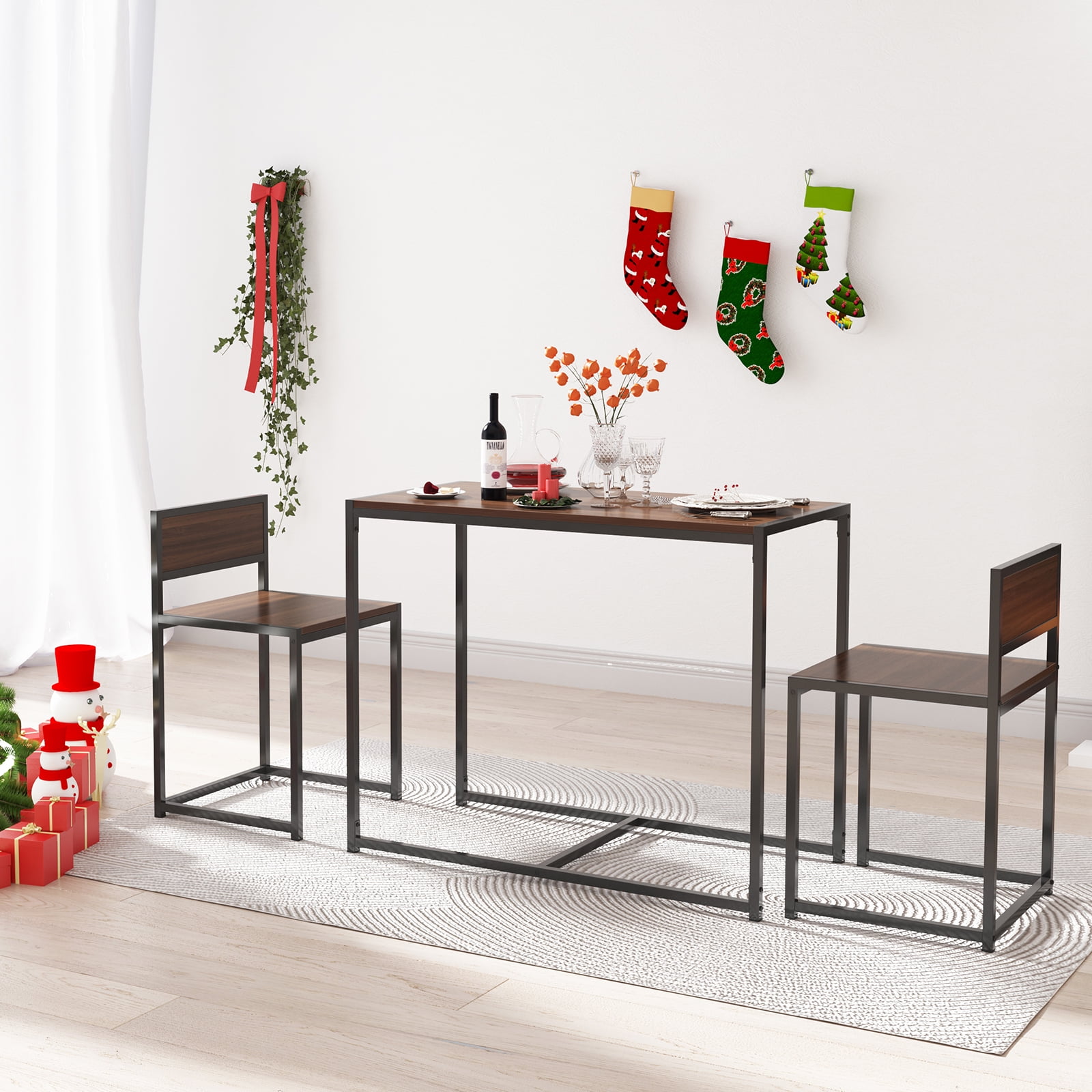 3-Piece Modern Rectangular Brown Dining Table Set with 2 Chairs ...