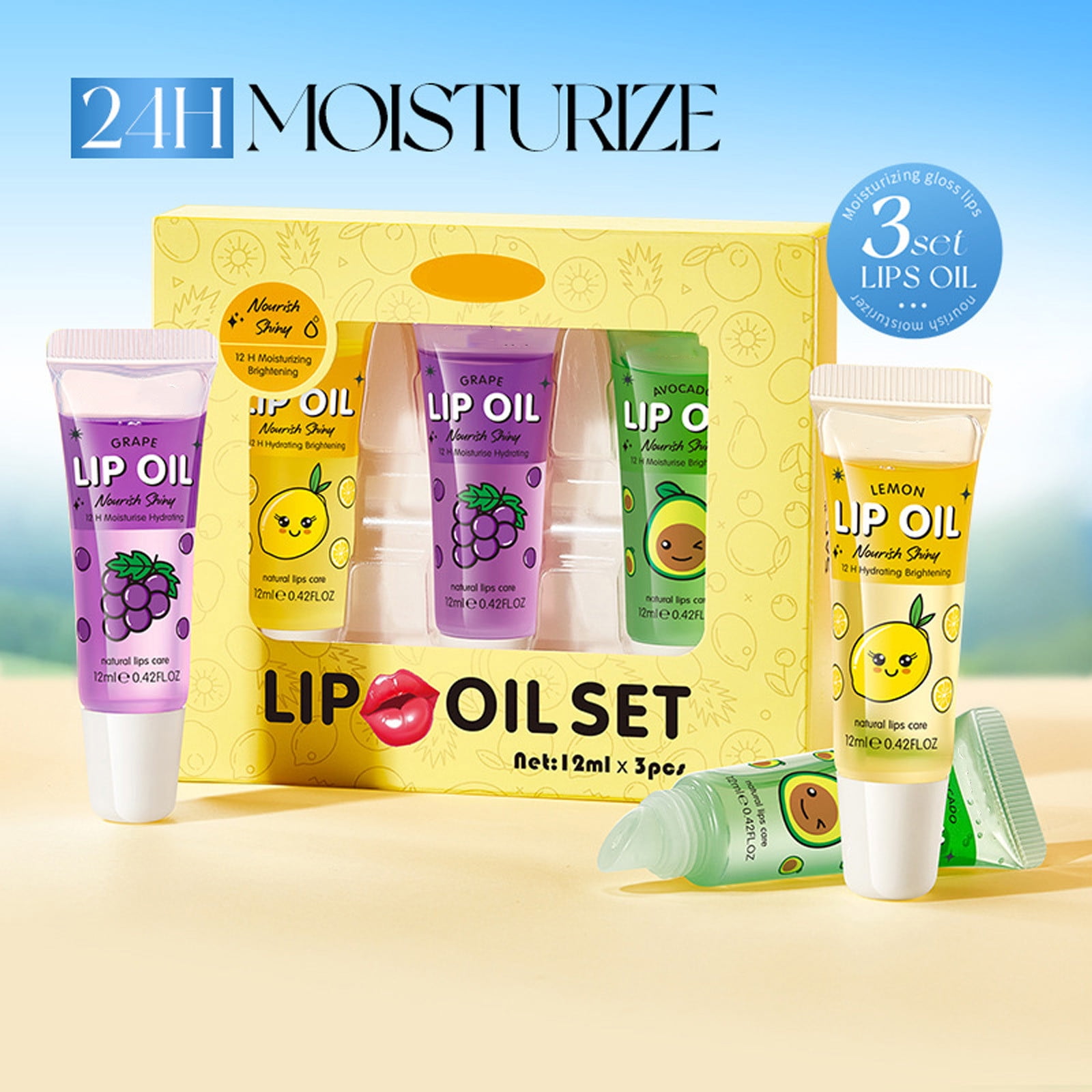 3-Piece Moisturizing Lip Oil Set - Avocado, Grape & Lemon - 12ml Each ...