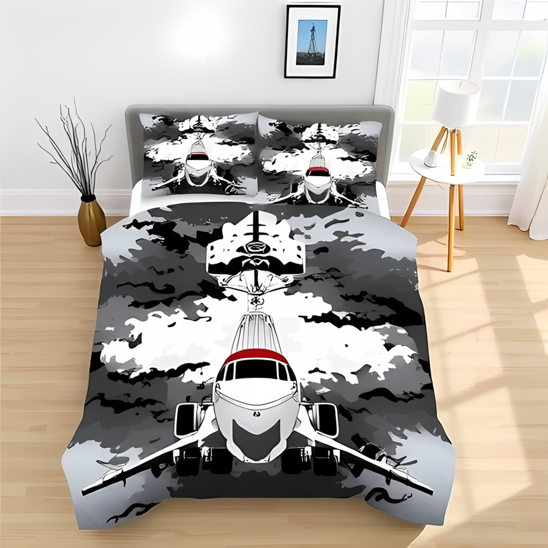 3-Piece Monochrome Airplane Duvet Cover Set with Bold Red Accent ...