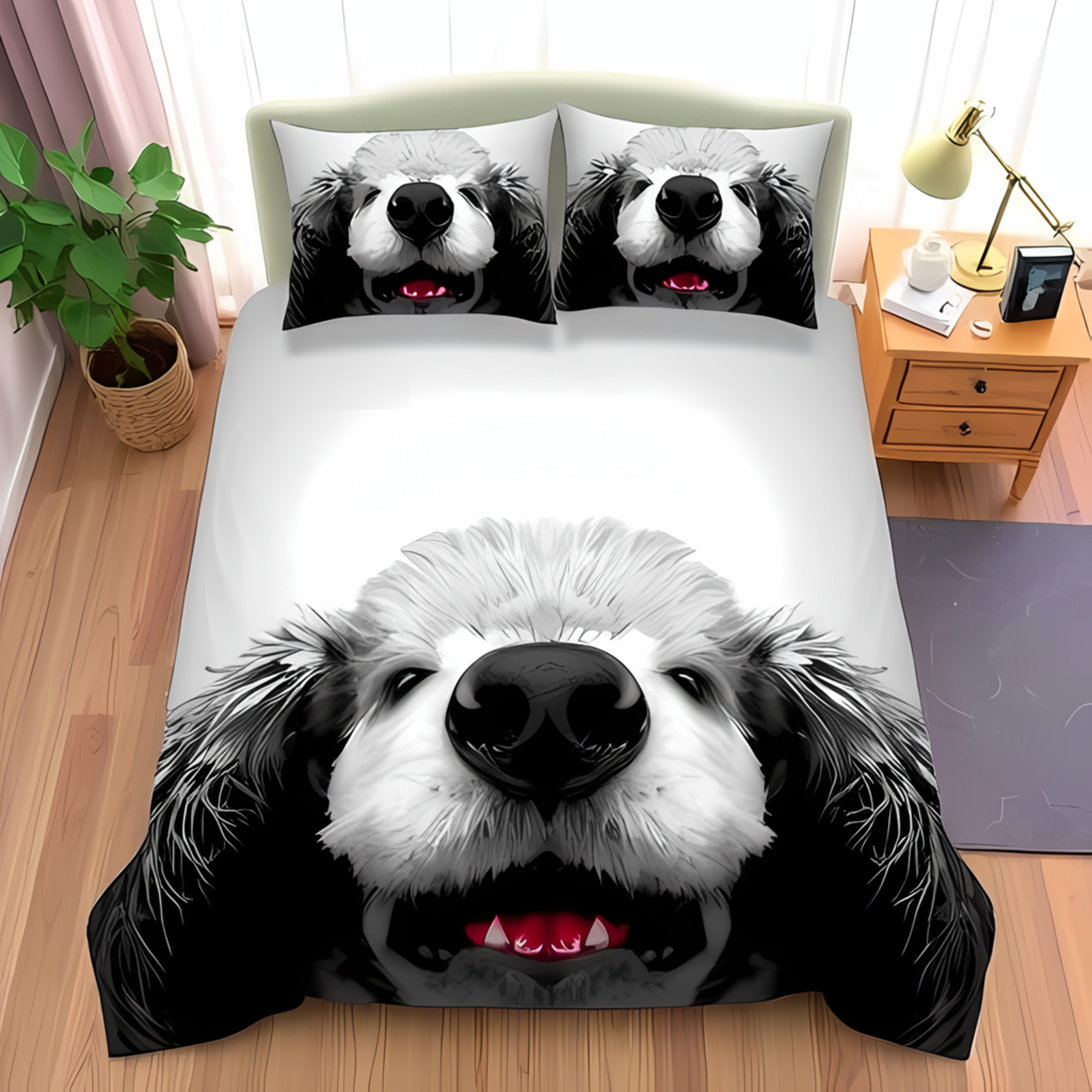 3-Piece Monochrome Dog Face Duvet Cover Set - Modern Black & White ...