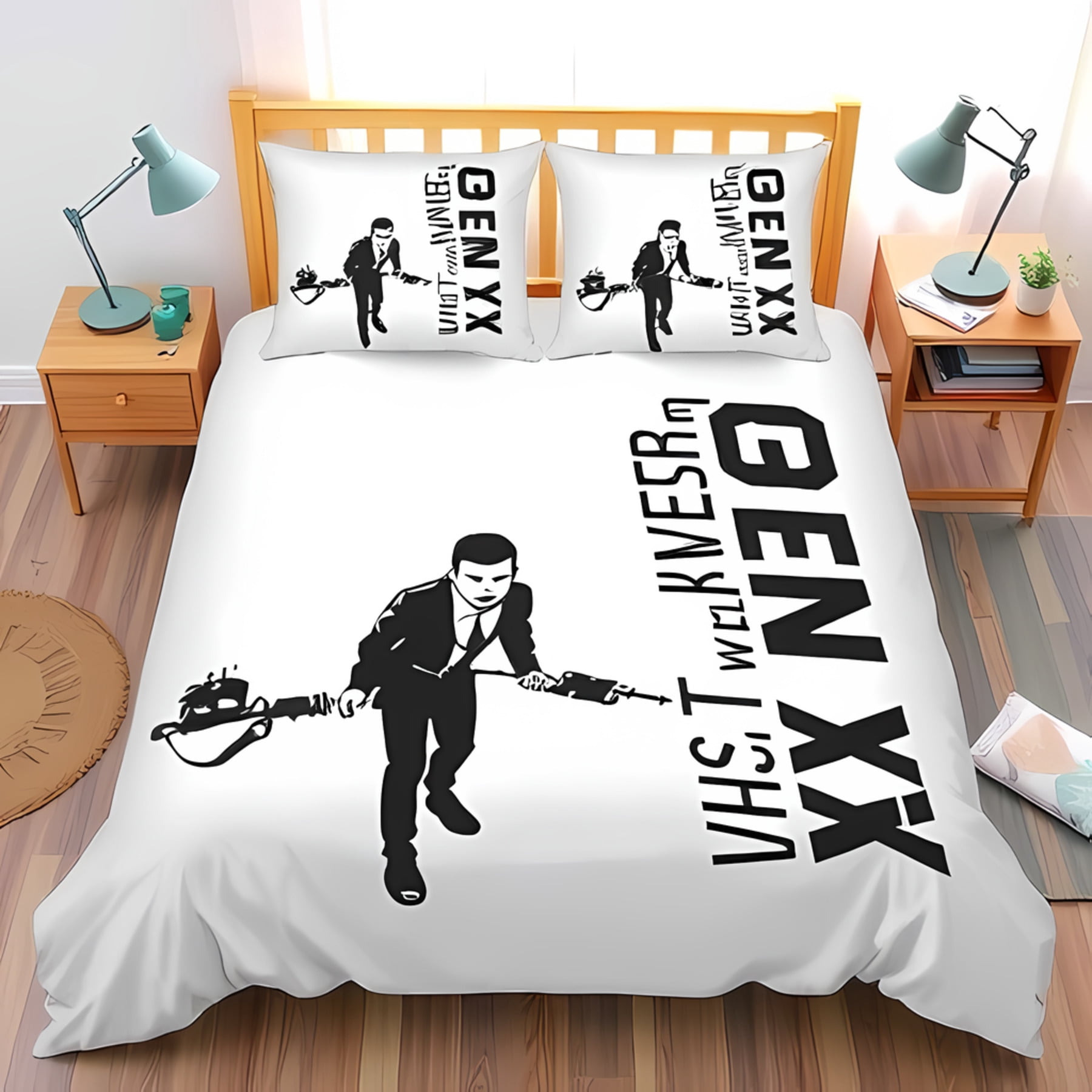 3-Piece Monochrome Duvet Cover Set with Bold Power Tool Motif ...