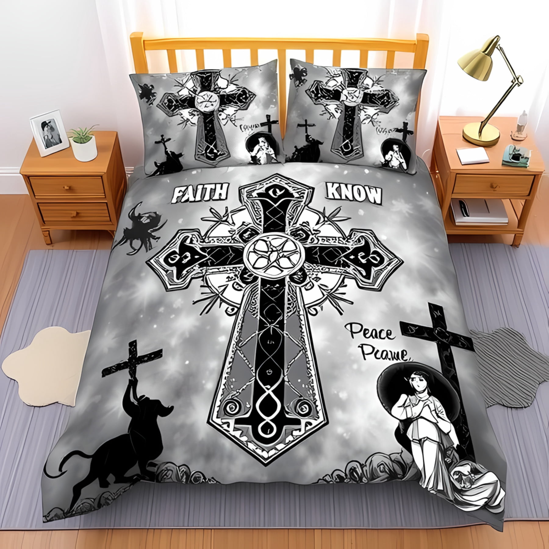 3-Piece Monochrome Duvet Cover Set with Ornate Cross Design Faith ...