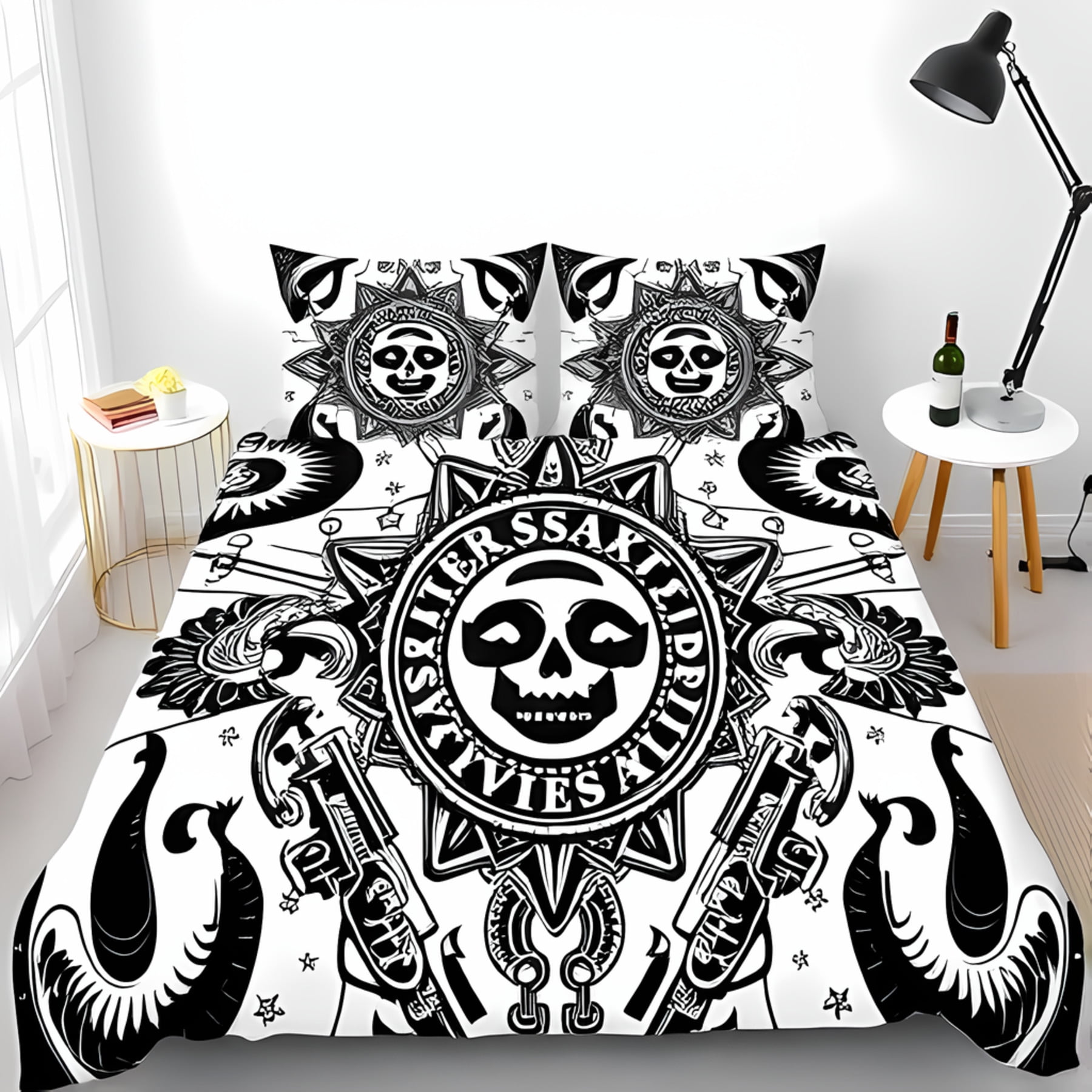 3-Piece Monochrome Duvet Cover Set with and Pattern Folk Art Inspired ...