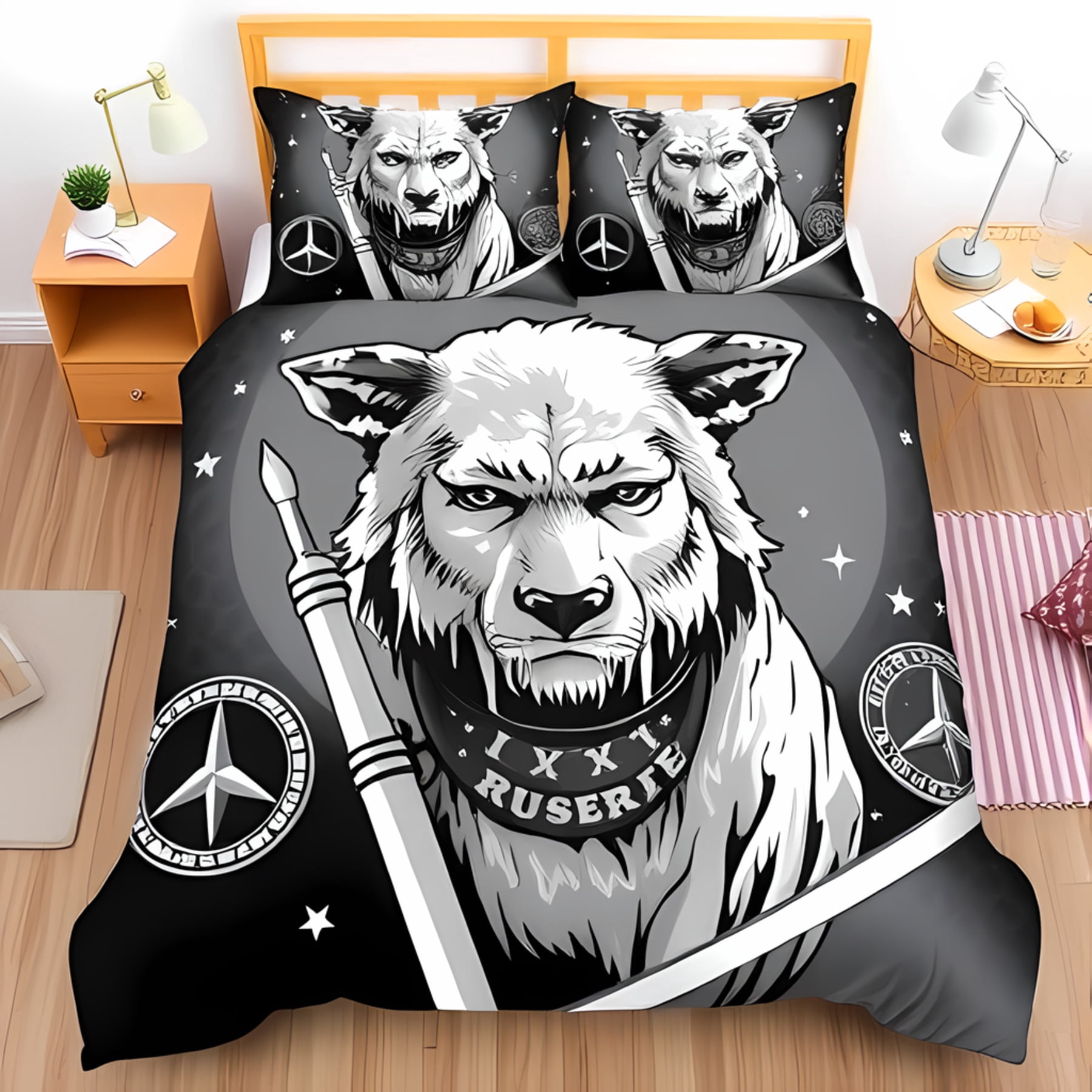 3-Piece Monochrome Wolf Duvet Cover Set with Design & Starry Background ...