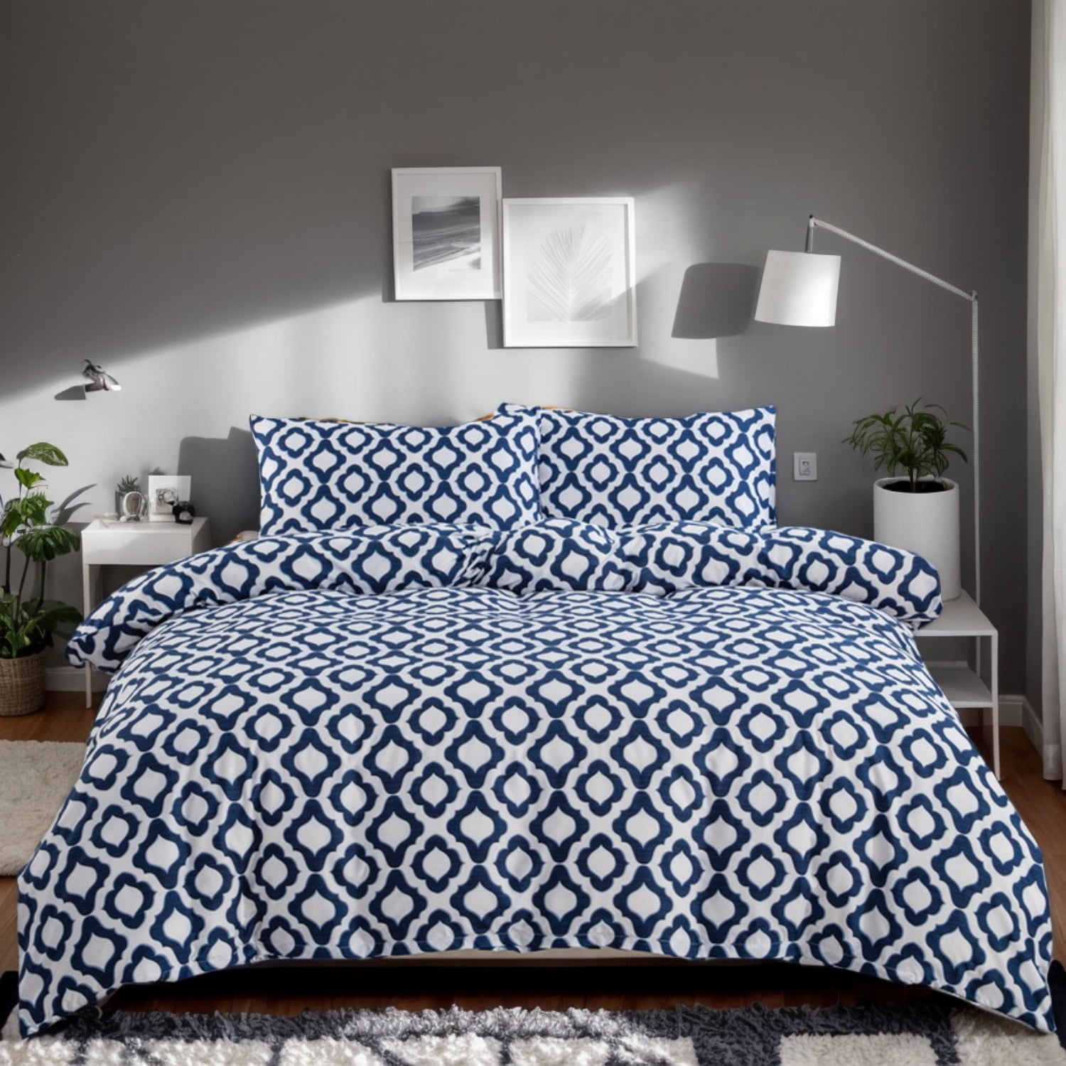 3-Piece Moroccan Blue and White Colorway Printed Duvet Cover Set (Queen ...