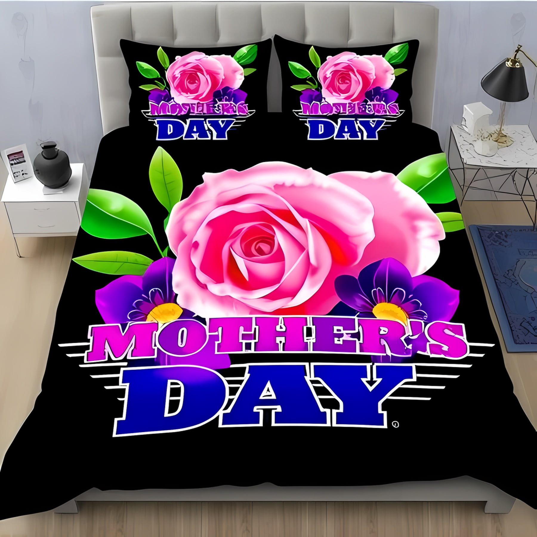 3-Piece Mother's Day Bedding Set: Black Duvet Cover with Pink Roses ...