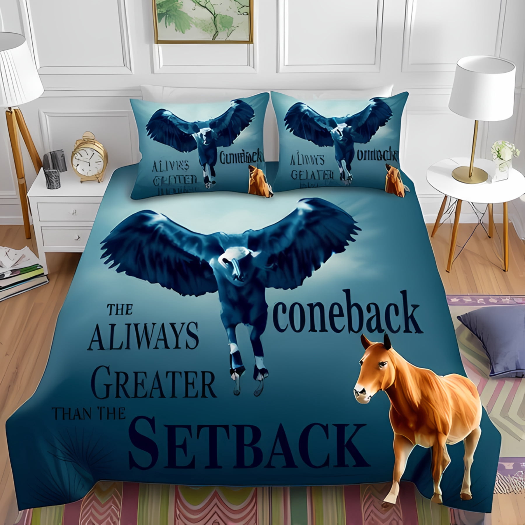 3-Piece Motivational Duvet Cover Set with Blue Bird & Horse Design ...