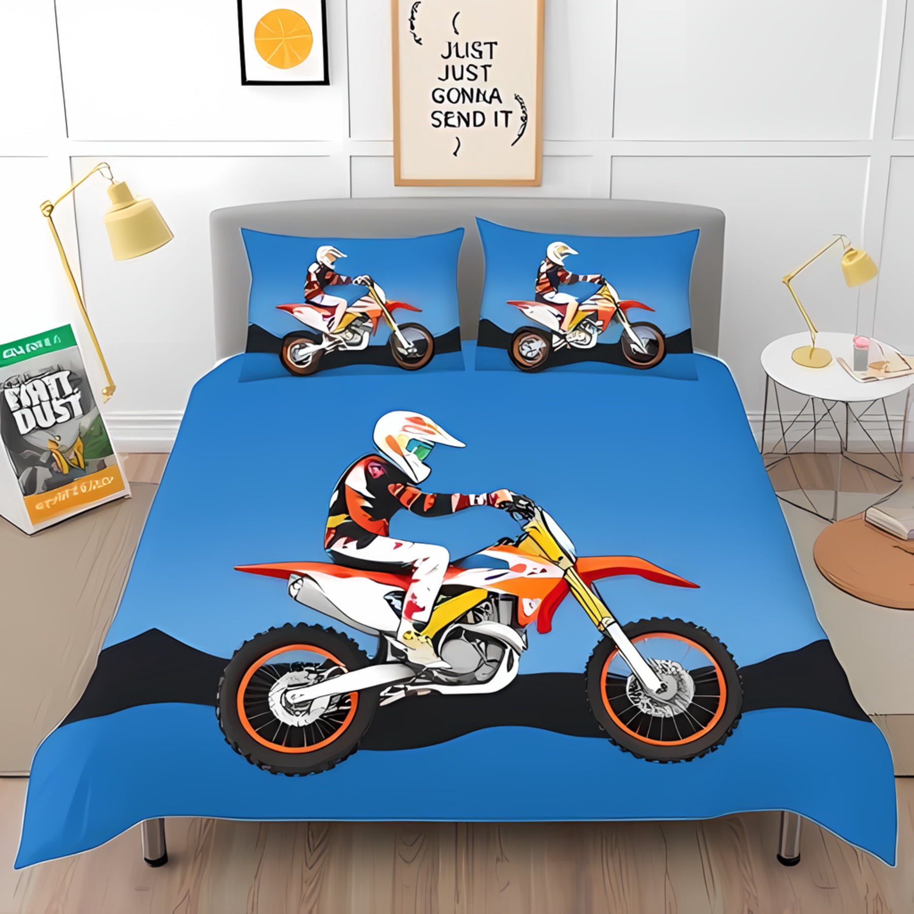 3-Piece Motocross Duvet Cover Set - Vibrant Bedding with Racing Rider ...