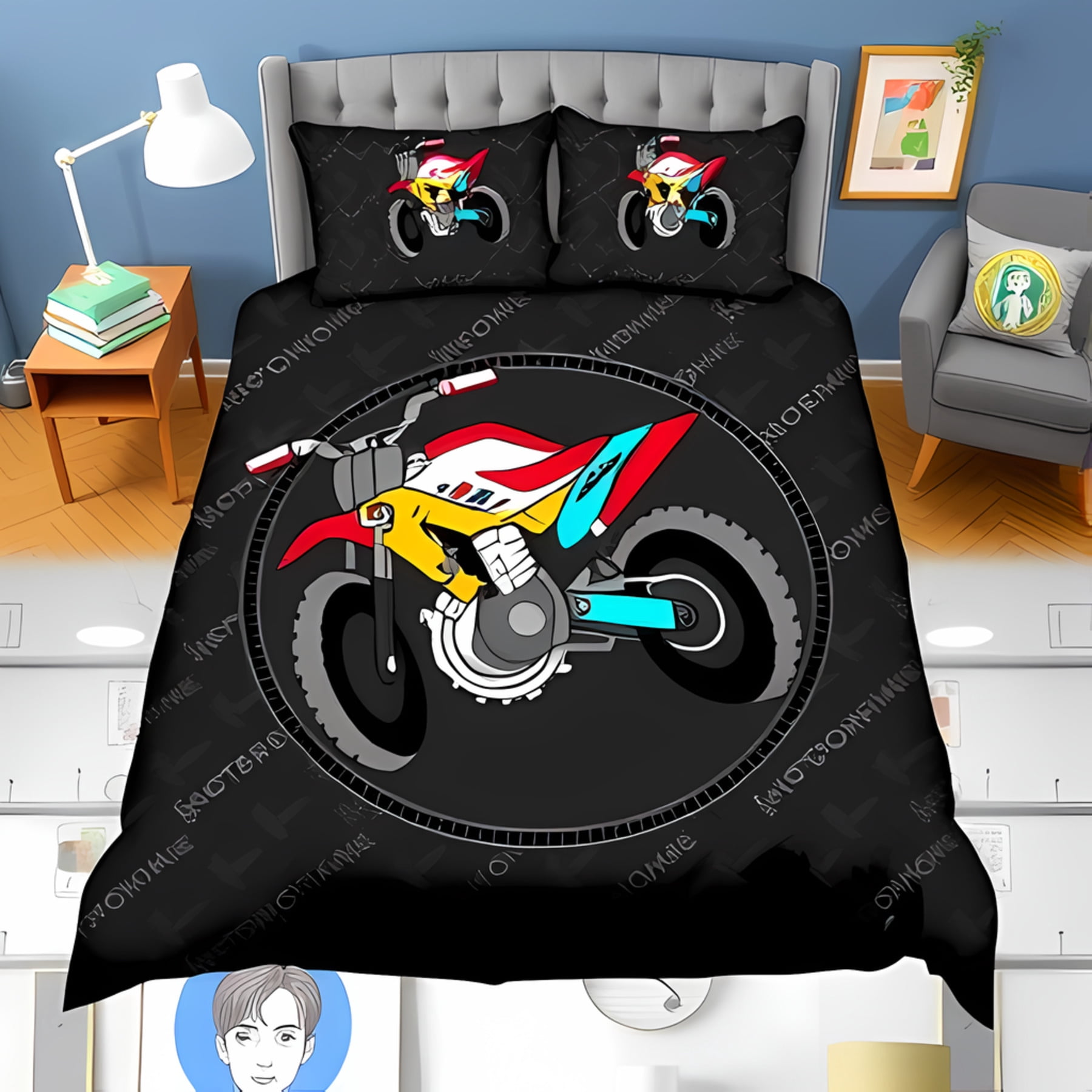 3-Piece Motorcycle Design Duvet Cover Set - Black Bedspread with ...