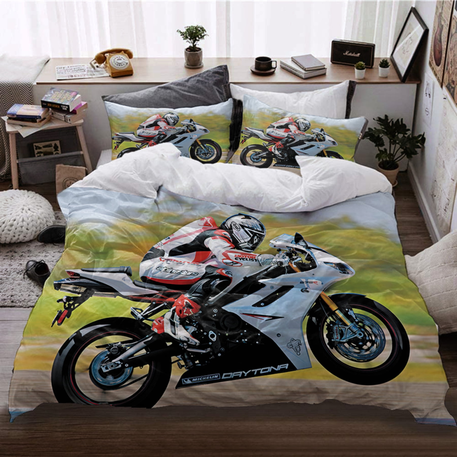 3-Piece Motorcycle Race Duvet Cover Set - Vibrant Bedding with Racer ...