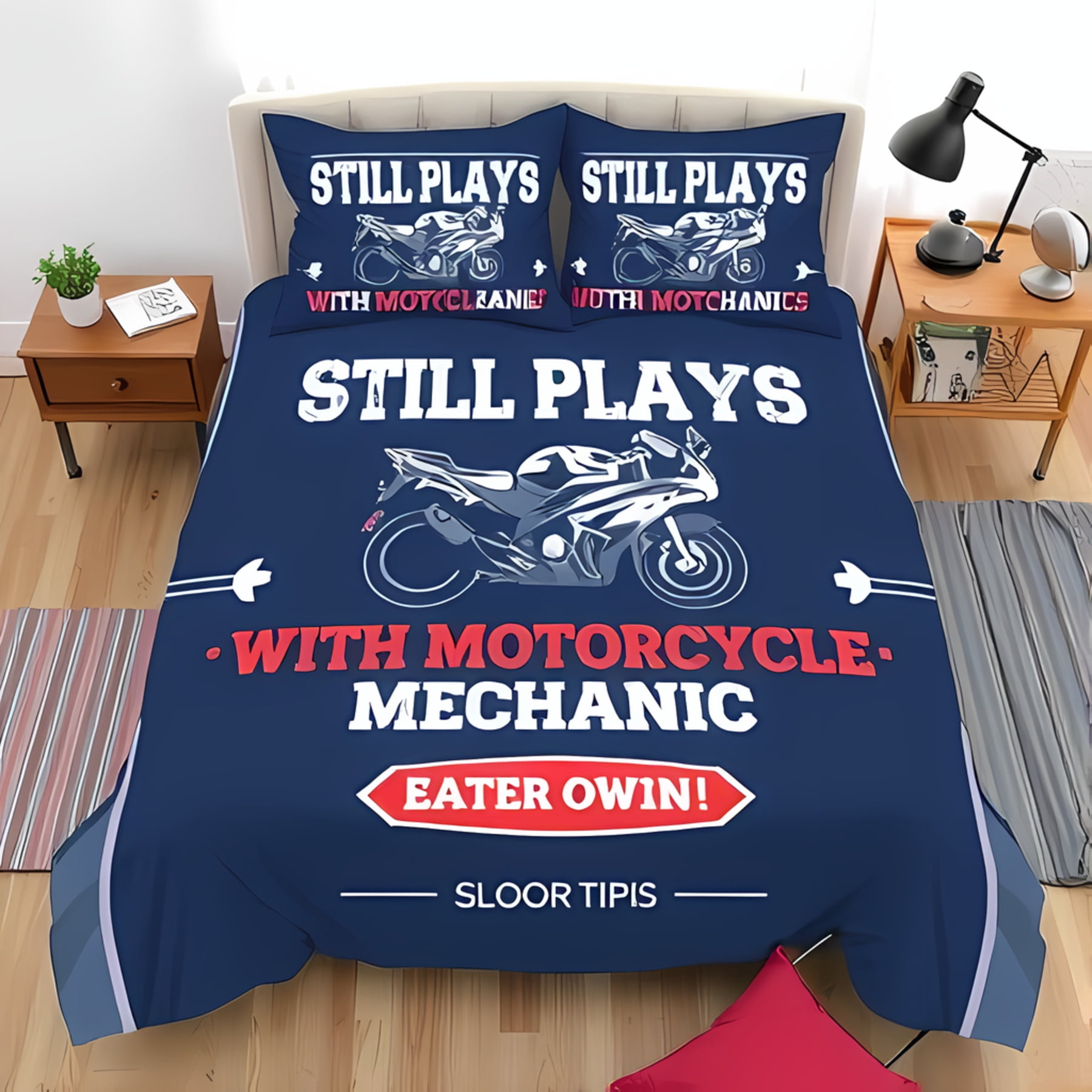 3-Piece Motorcycle Themed Duvet Cover Set - Deep Blue with Bold Bike ...