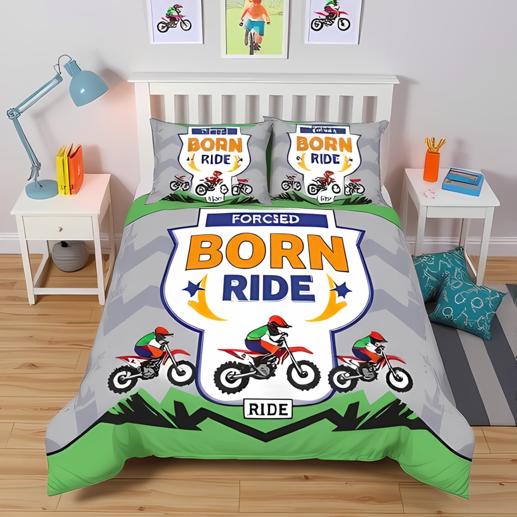 3-Piece Motorcycle Themed Duvet Cover Set with Bold 'BORN RIDE' Design ...