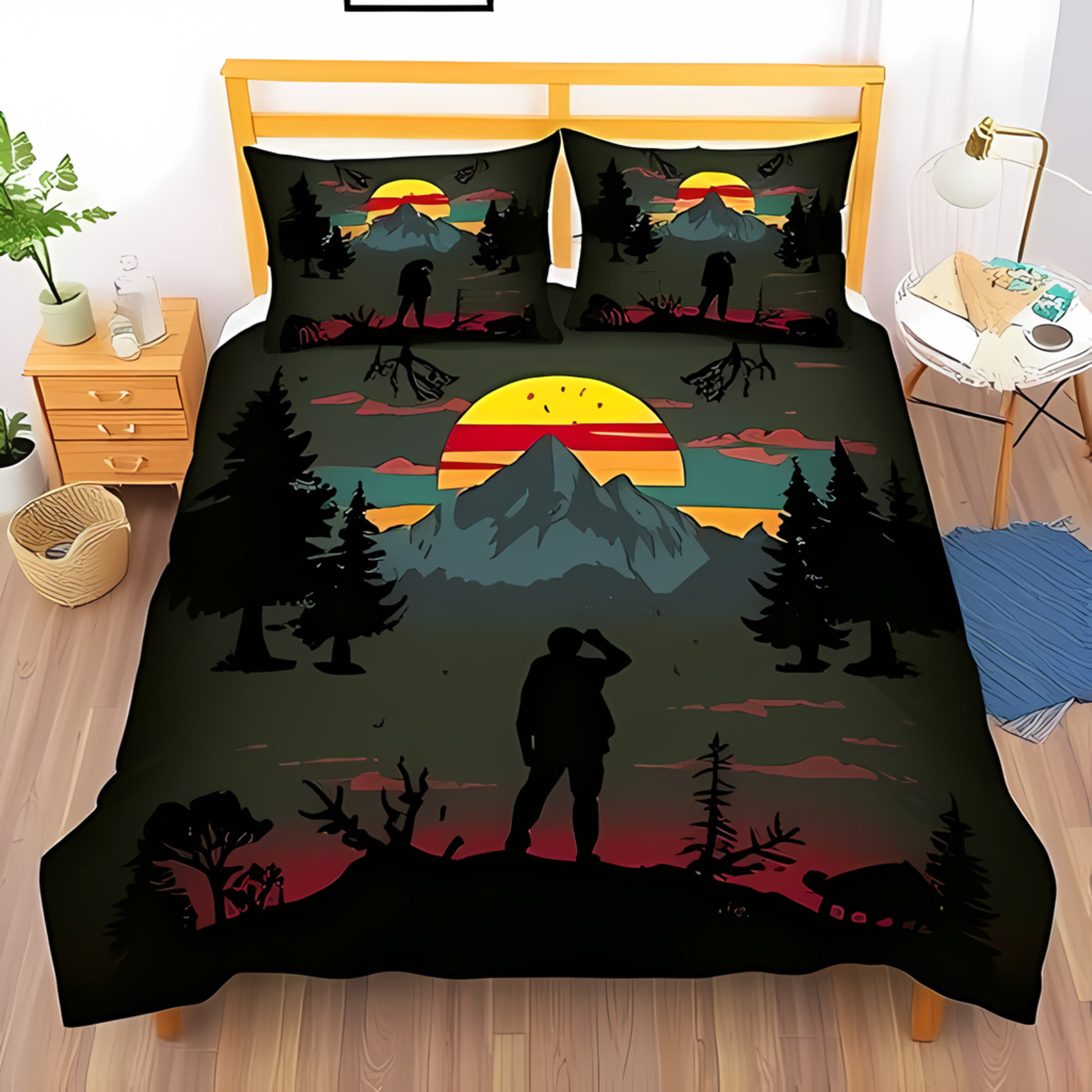 3-Piece Mountain & Forest Themed Duvet Cover Set with Vibrant Sunset ...