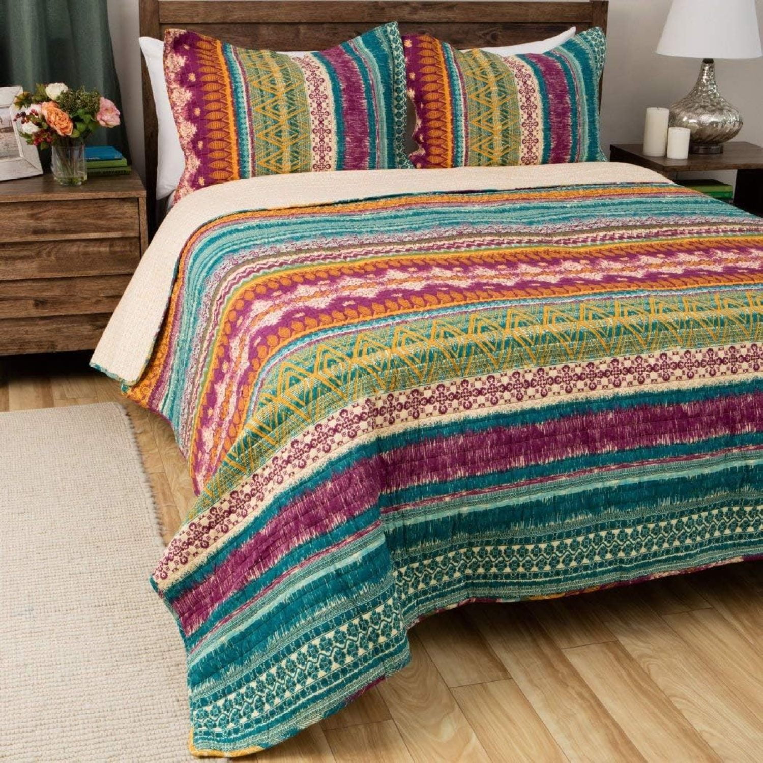 3 Piece Multi Color Bohemian Stripe Quilt Full Queen Set, All Over ...