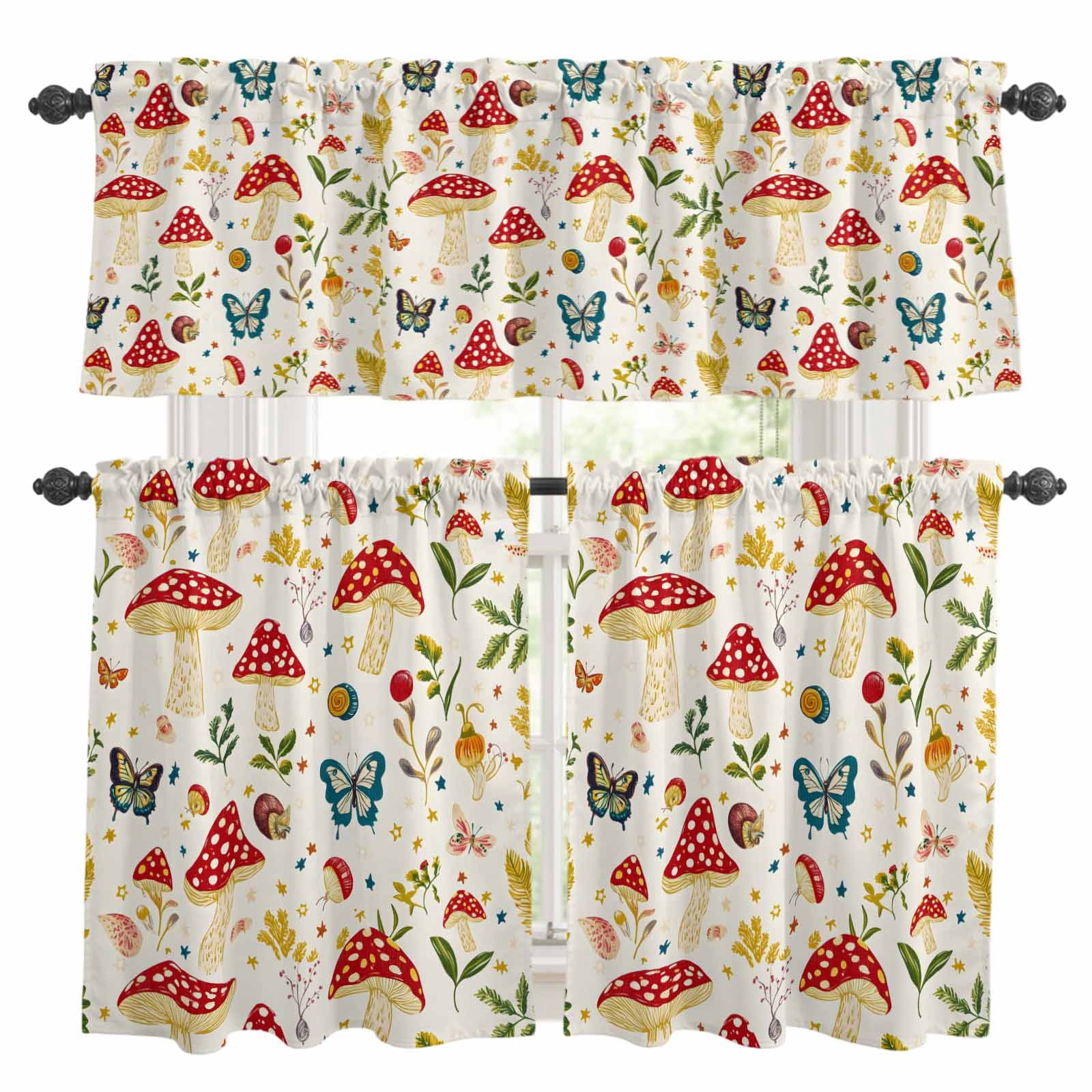 3 Piece Mushroom Butterfly Kitchen Curtain Valance and Tiers Set Leaf ...