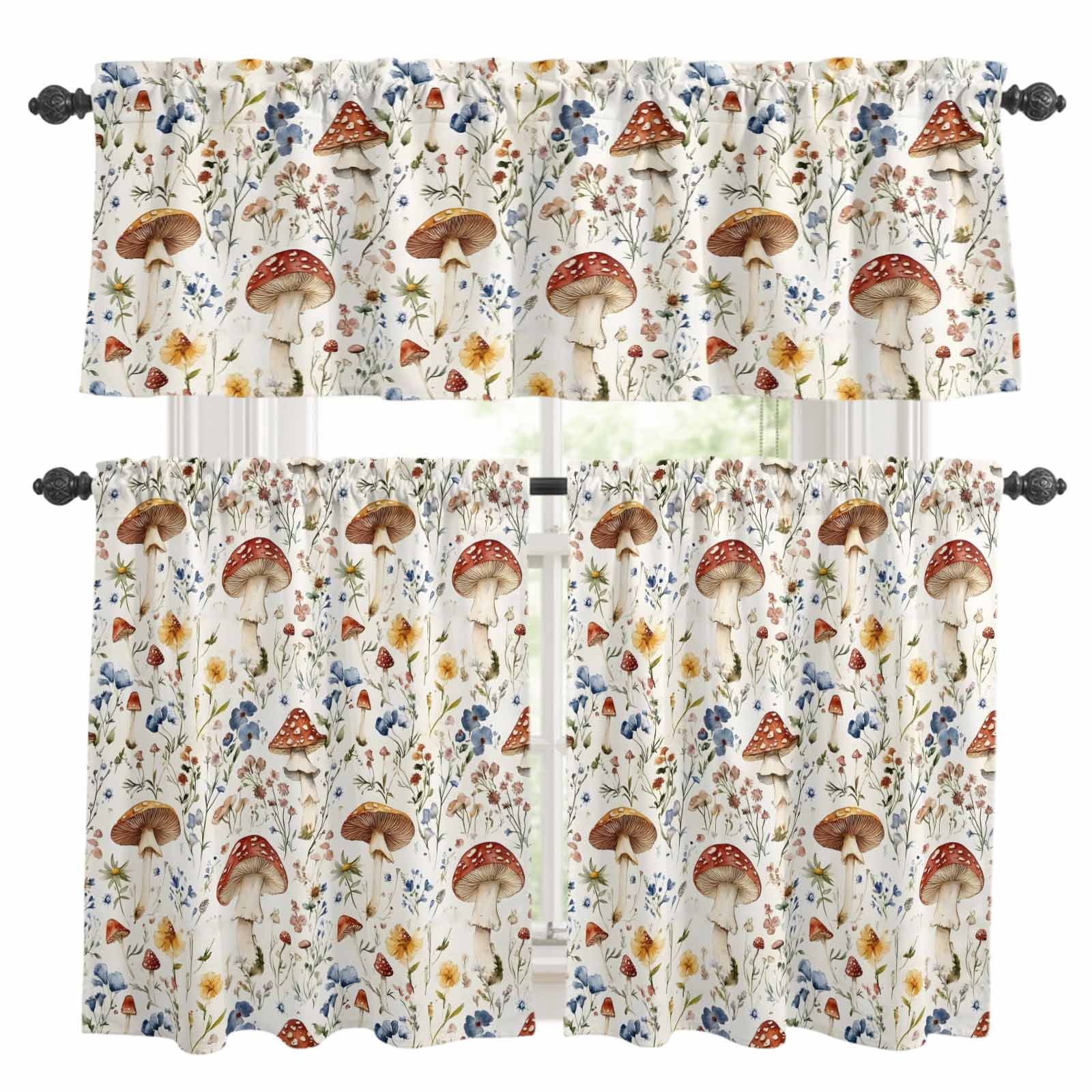 3 Piece Mushroom Leaves Kitchen Curtain Valance and Tiers Set ...