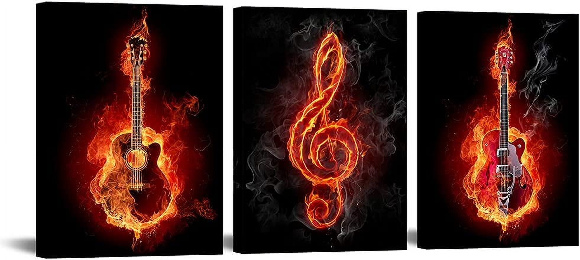 3 Piece Music Canvas Wall Art Musical Notes Guitar on Fire Poster and ...